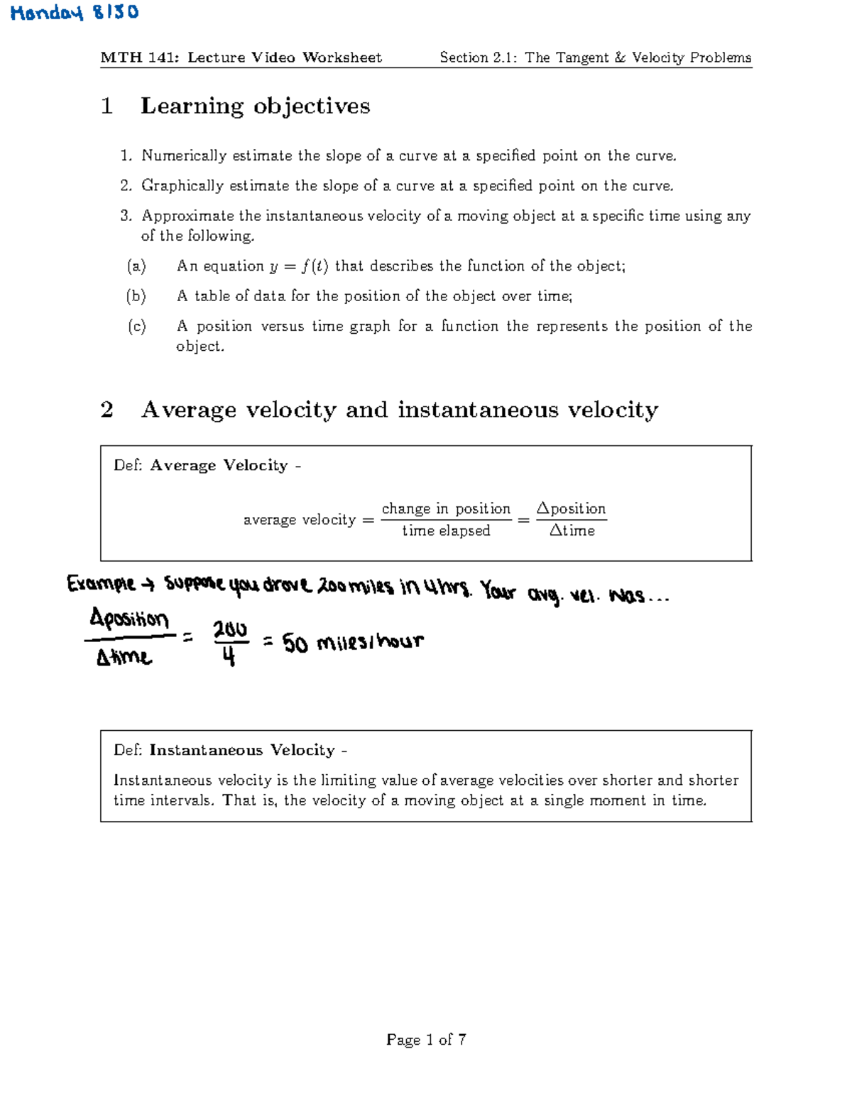 MTH 141 - SECTION 2.1 - MTH 141: Lecture Video Worksheet Section 2: The Tangent & Velocity - Studocu