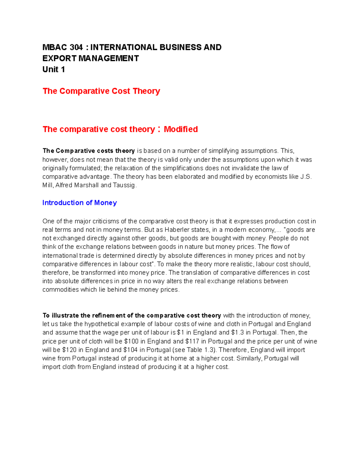 The Comparative Cost Theory : Modified - MBAC 304 : INTERNATIONAL ...