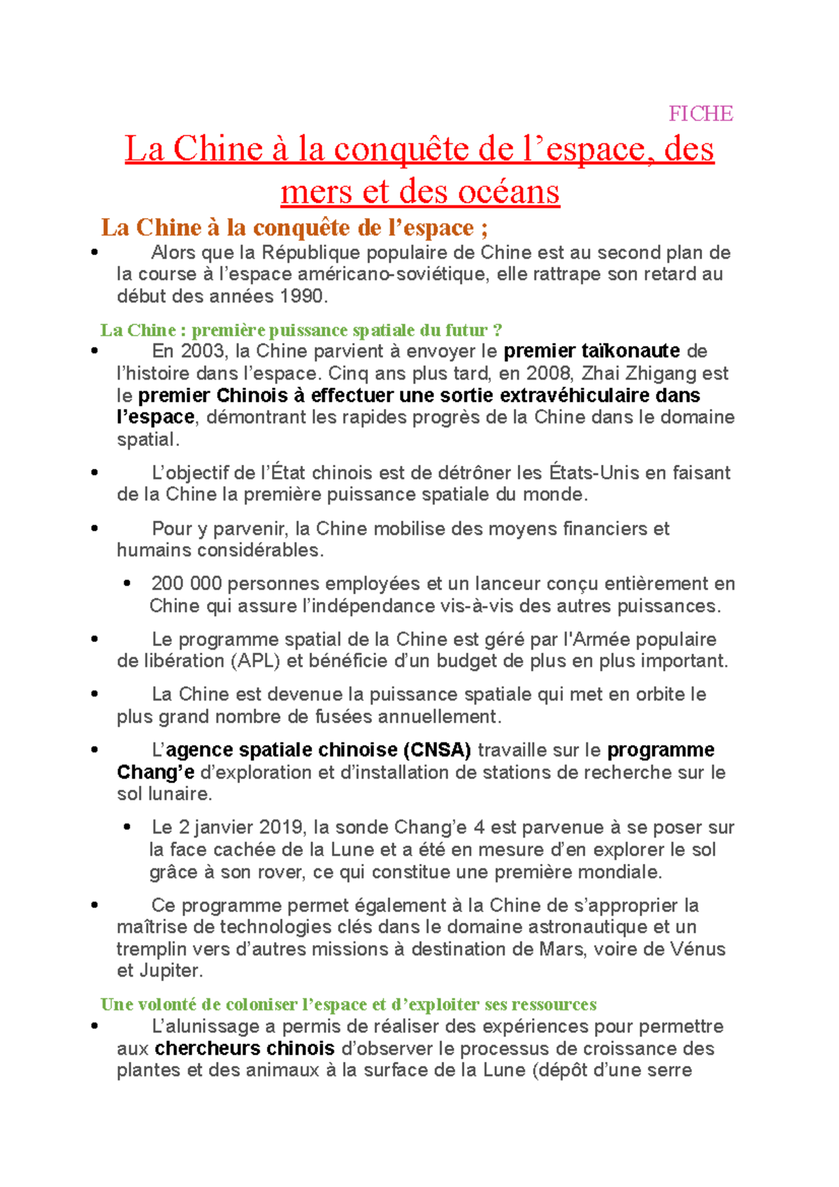 Fiche La Chine à la conquête de l’espace, des mers et des océans ...