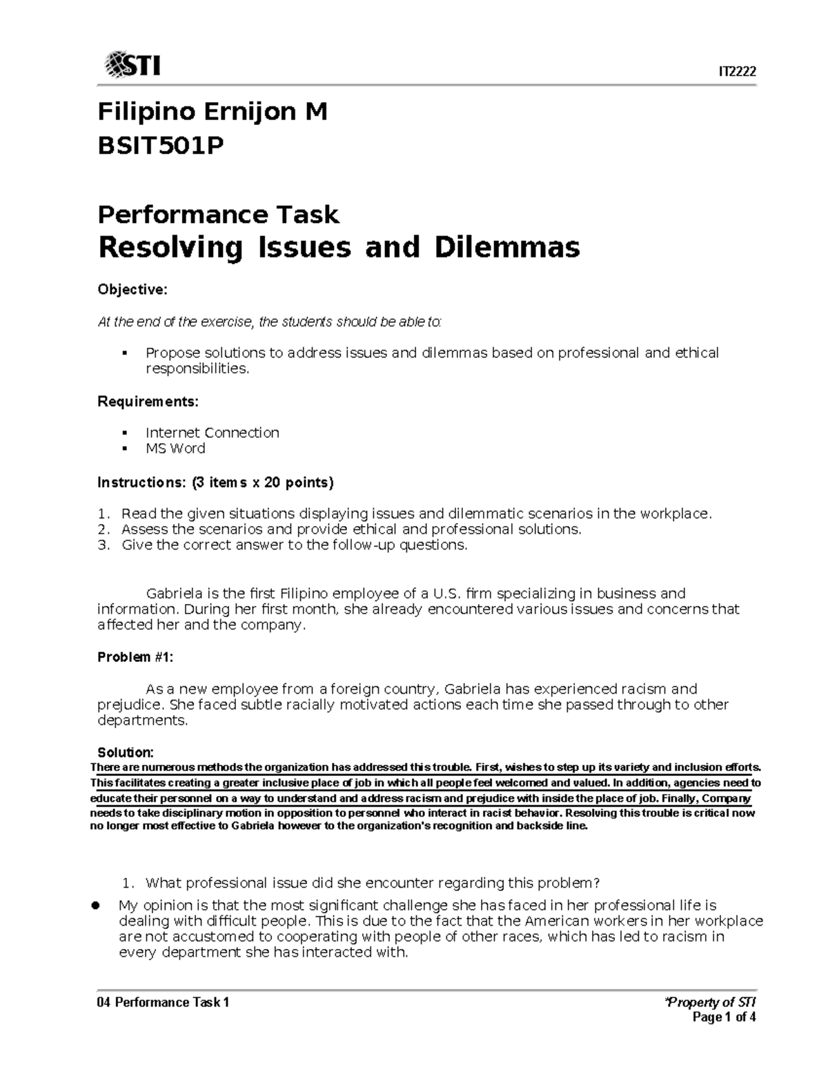 04 Performance Task 1 - 04 Performance Task 1 *Property of STI Filipino Ernijon M BSIT501P - Studocu