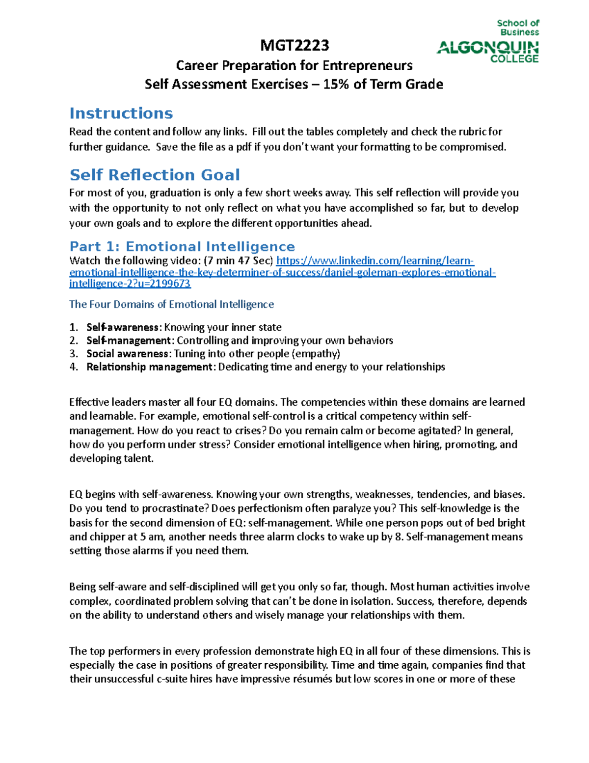Self Assessment - market - Career Preparation for Entrepreneurs Self ...