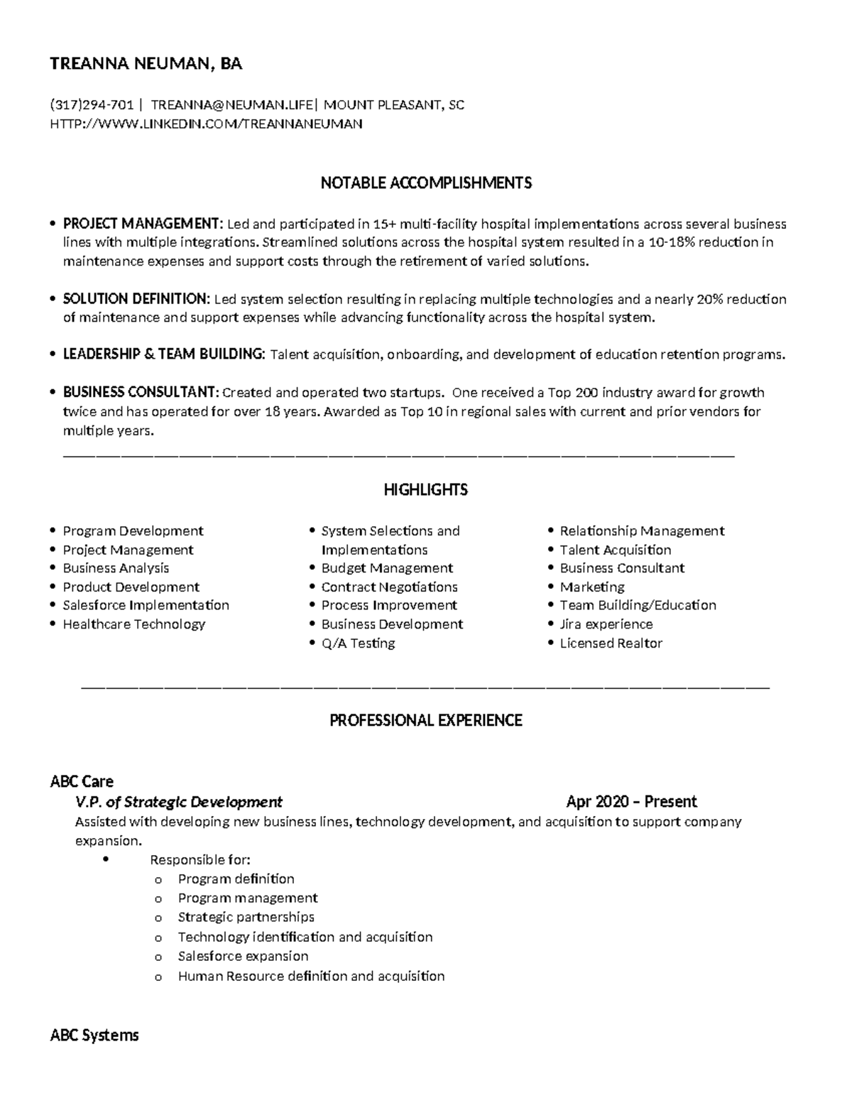 WGU Resume Bus Comm SRM 1 Task 2 - TREANNA NEUMAN, BA (317)294-701 ...