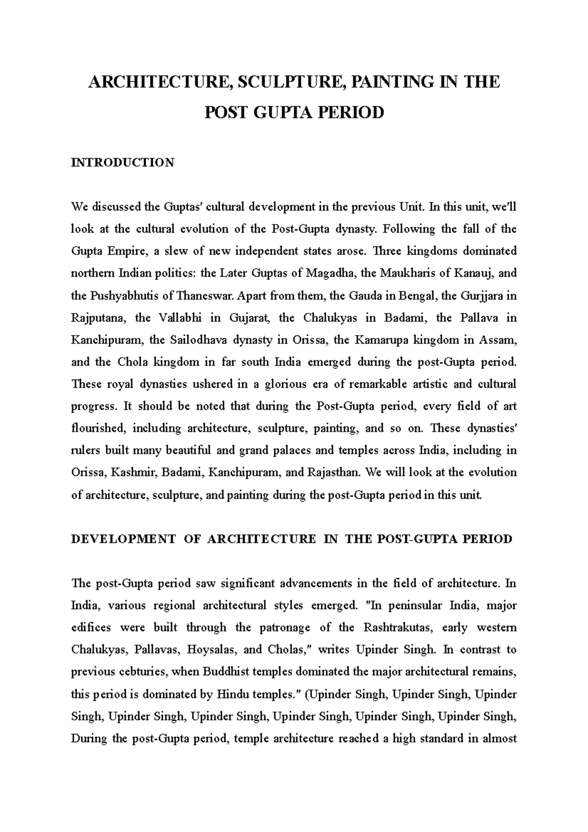 Architecture, Sculpture, Painting IN THE POST Gupta Period ...