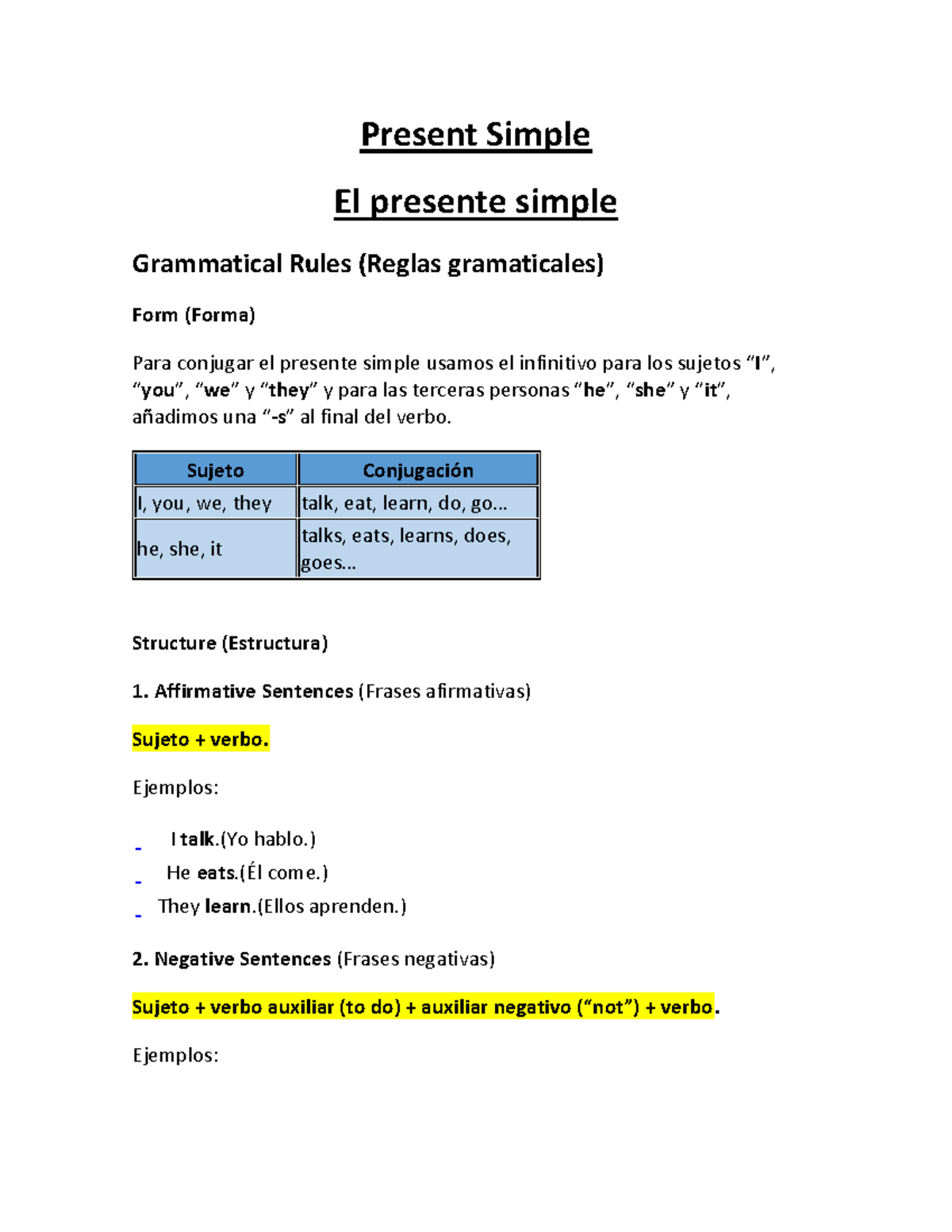 Present Simple - Sujeto ConjugaciÛn I, you, we, they talk, eat, learn ...