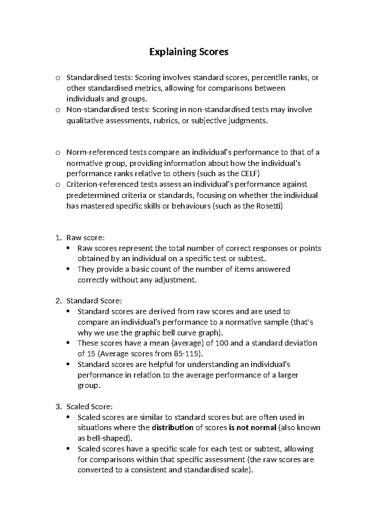 Tut 3 CELF scoring - memo-1 - Explaining Scores o Standardised tests ...