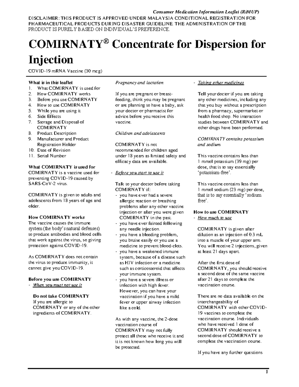 Produk INFO Comirnaty - Lecture notes 1 - Consumer Medication ...