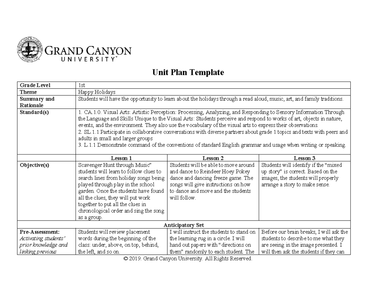 Topic 3 Unit Plan Outline - Unit Plan Template Grade Level 1st Theme ...