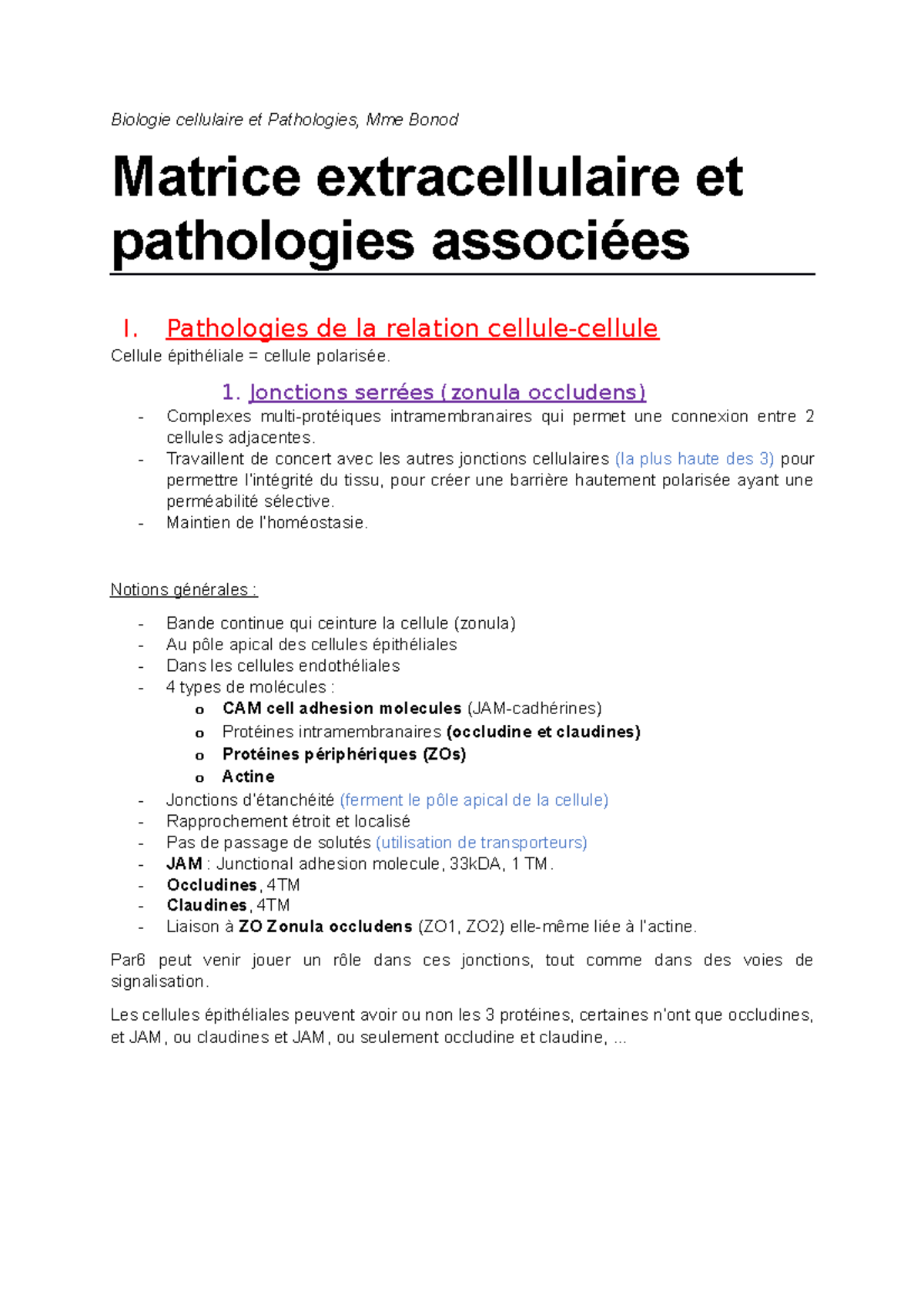 Matrice extracellulaire - Biologie cellulaire et Pathologies, Mme Bonod ...