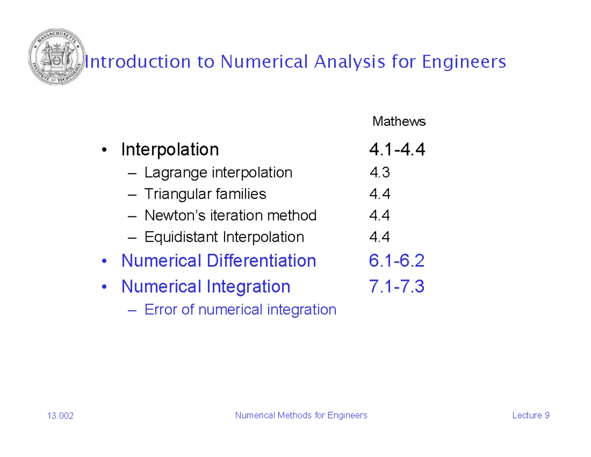Lect 9 - Lect 9 - Introduction to Numerical Analysis for Engineers • Interpolation 4-4 ...