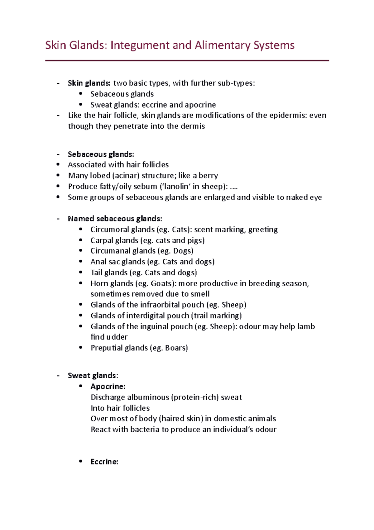 Skin Glands IA - lecture - Skin Glands: Integument and Alimentary ...