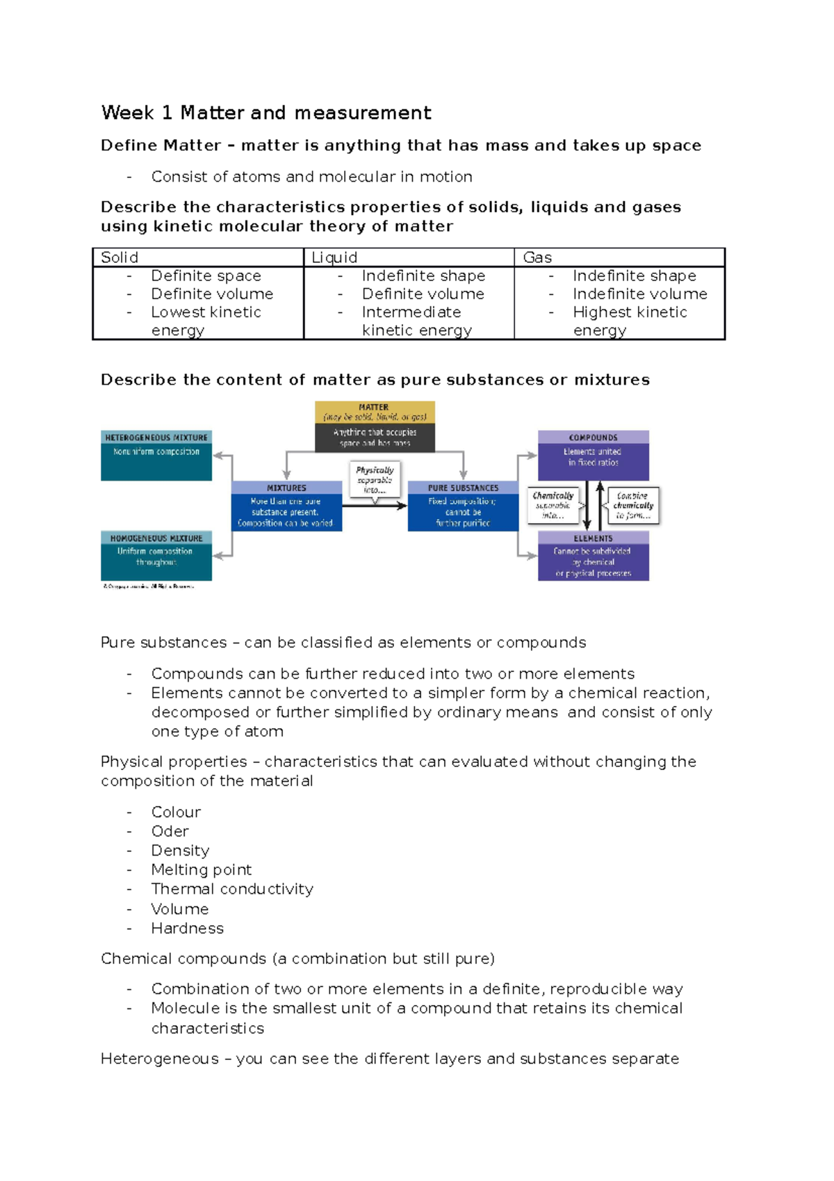 Week 1, 2 and 3 material - notes - Week 1 Matter and measurement Define ...