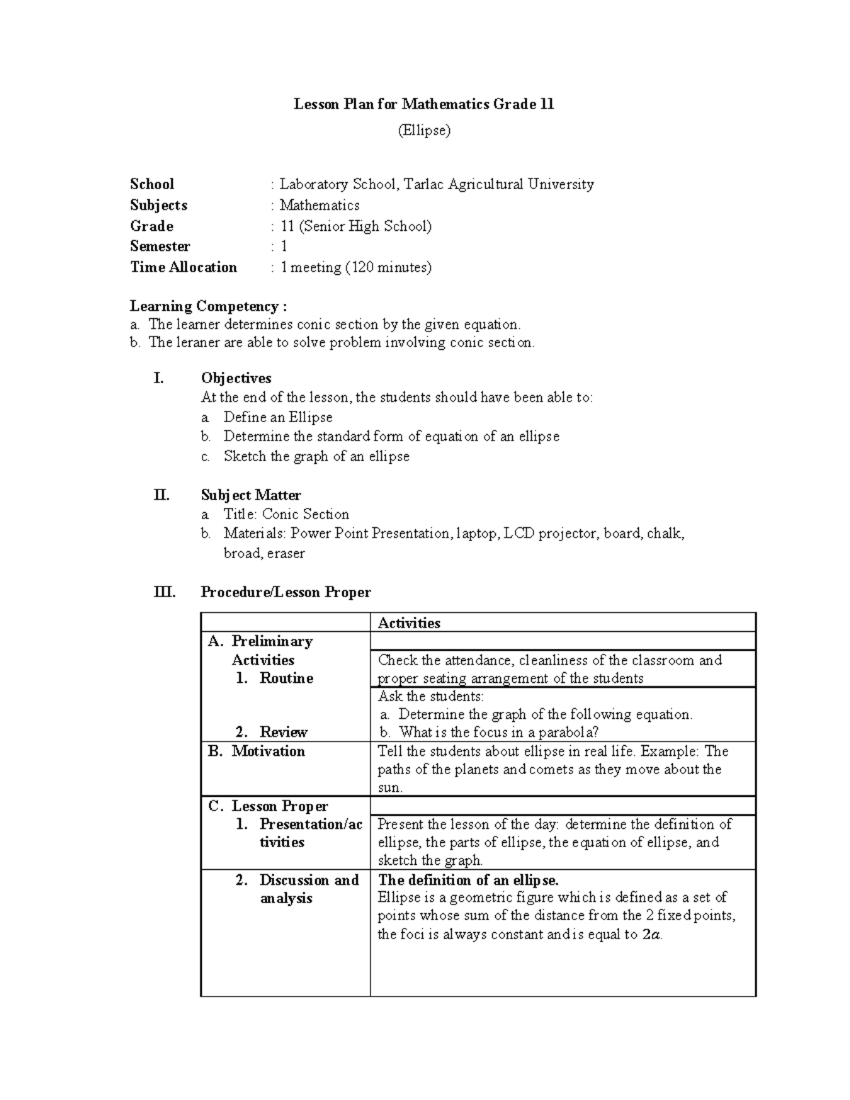 Lesson Plan Ellipse Detail Lesson Plan On Ellipse Lesson Plan For