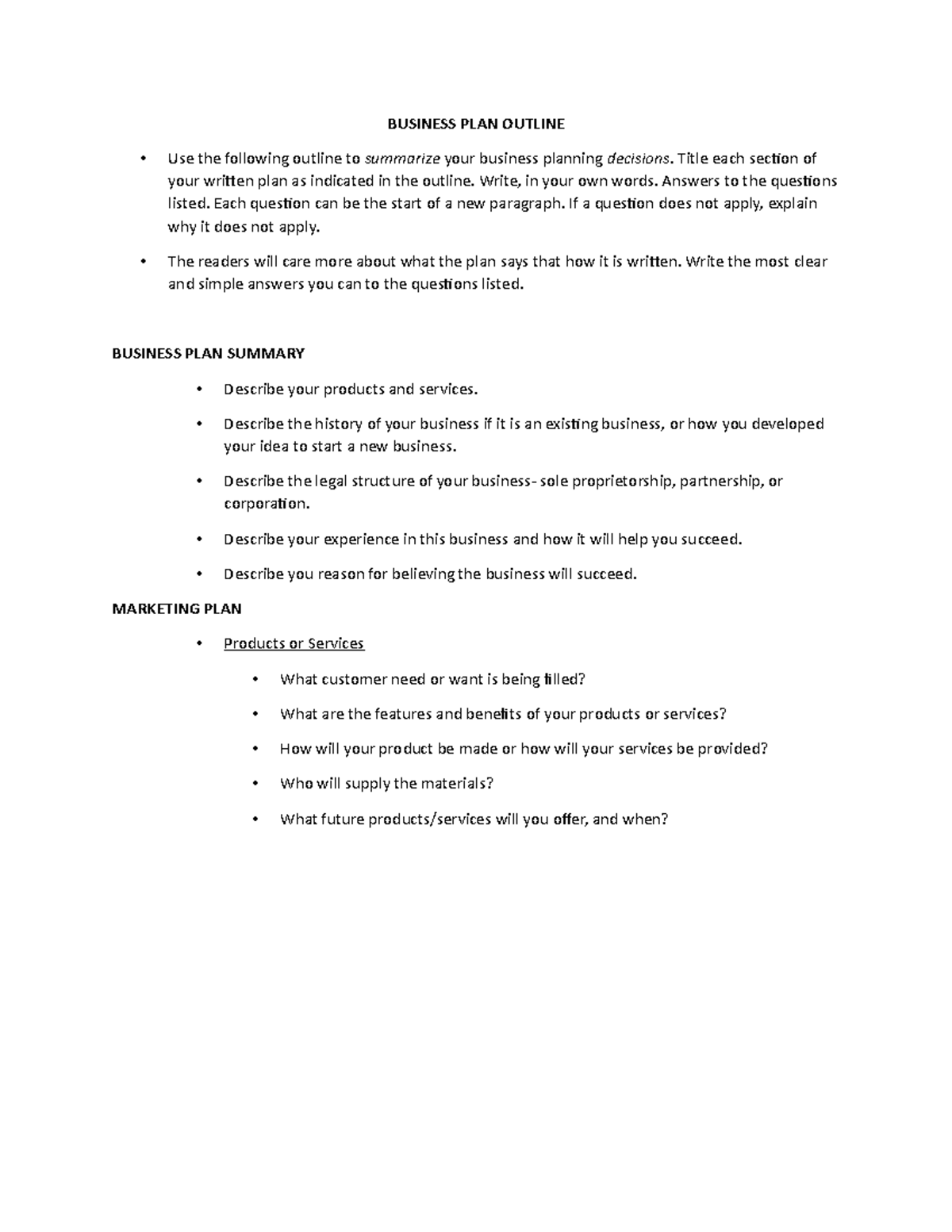 Business-PLAN- Outline - BUSINESS PLAN OUTLINE Use the following ...