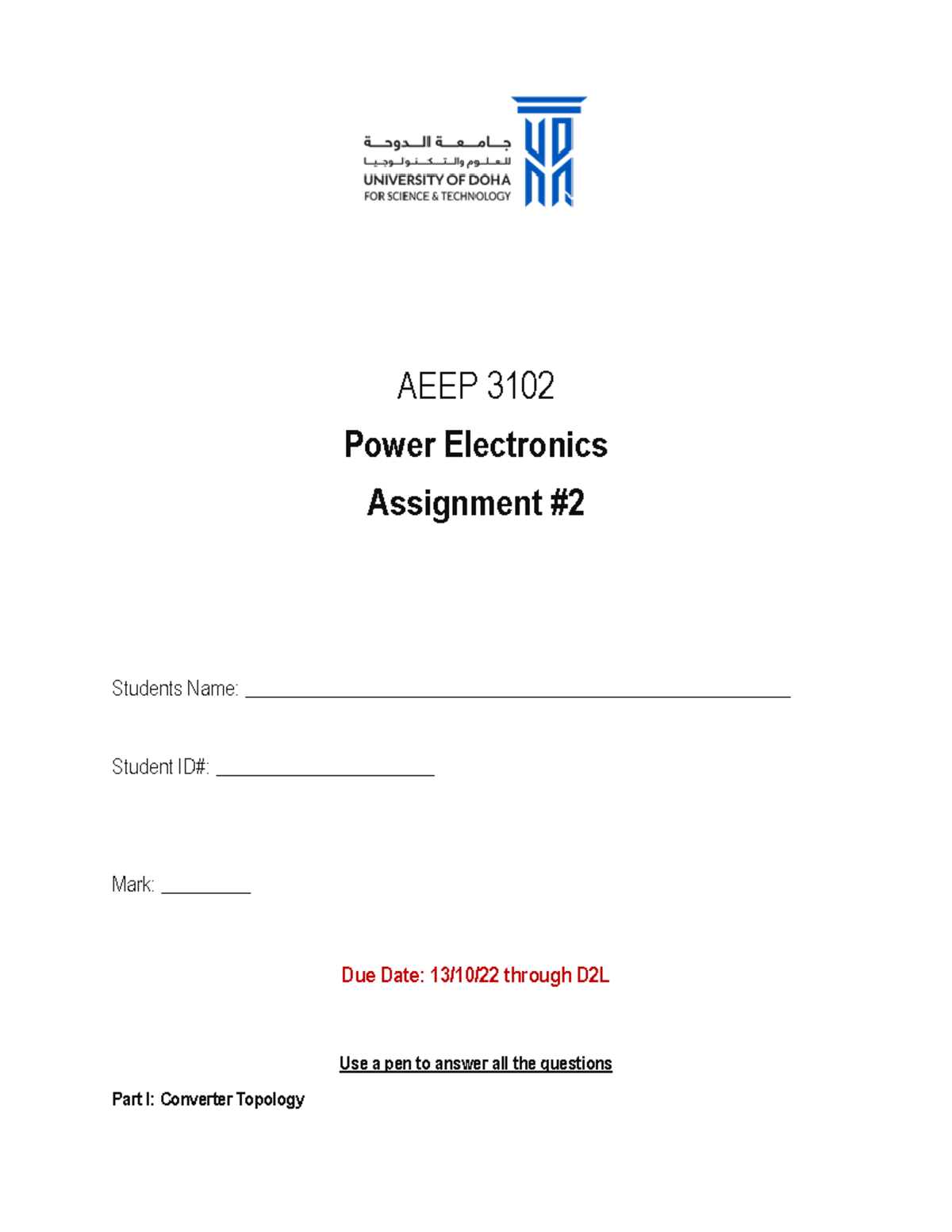 AEEP 3102 Assignment#2 - AEEP 3102 Power Electronics Assignment Students Name: - Studocu