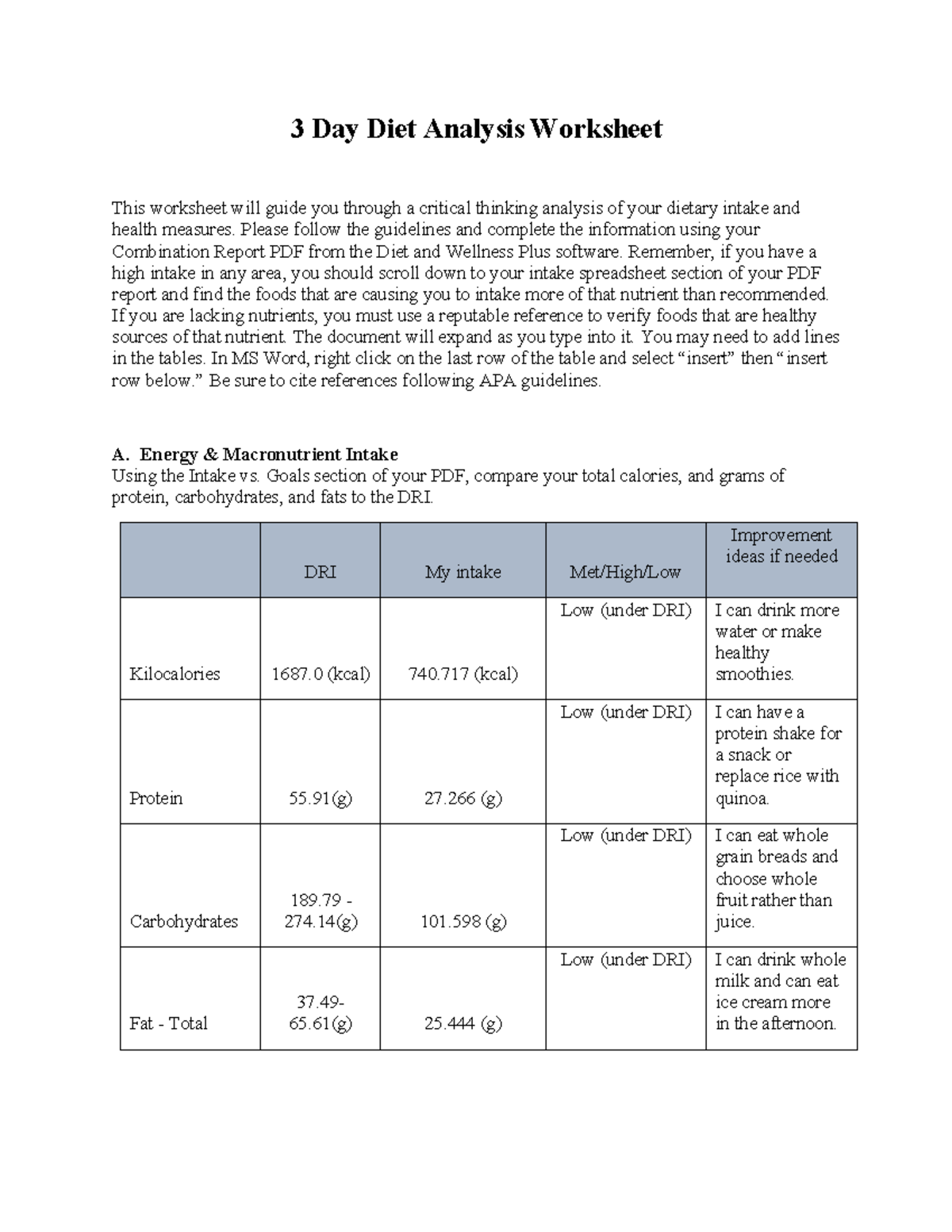 3 Day Diet Analysis og - diet log - 3 Day Diet Analysis Worksheet This ...