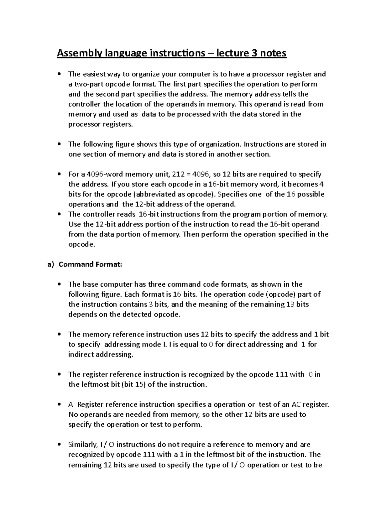 Assembly Language Instructions Lecture 3 Notes The First Part Specifies The Operation To 