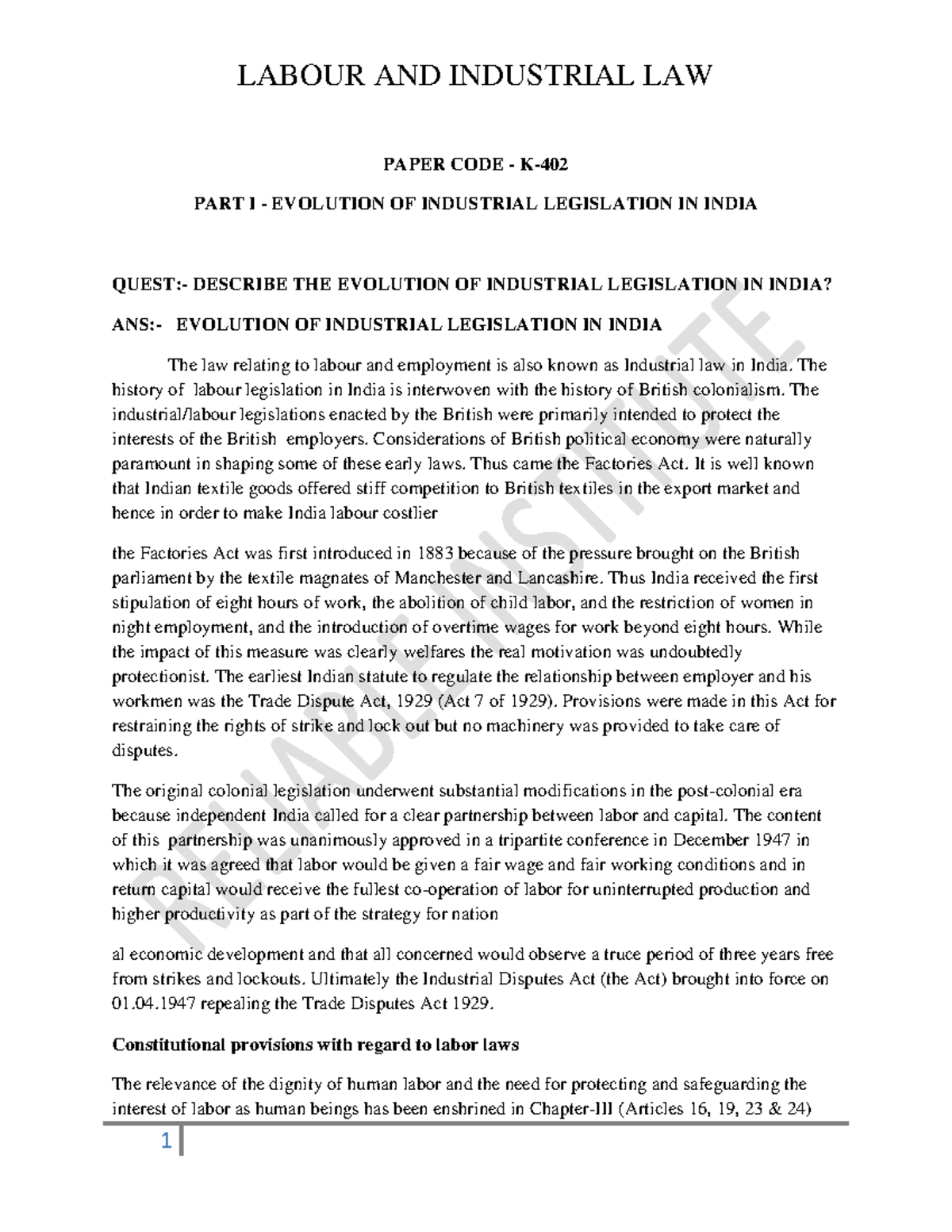 Labour LAW study material - PAPER CODE - K- PART I - EVOLUTION OF ...