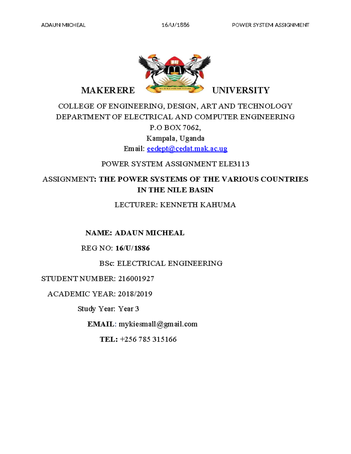 Adaun's power assignment - MAKERERE UNIVERSITY COLLEGE OF ENGINEERING ...