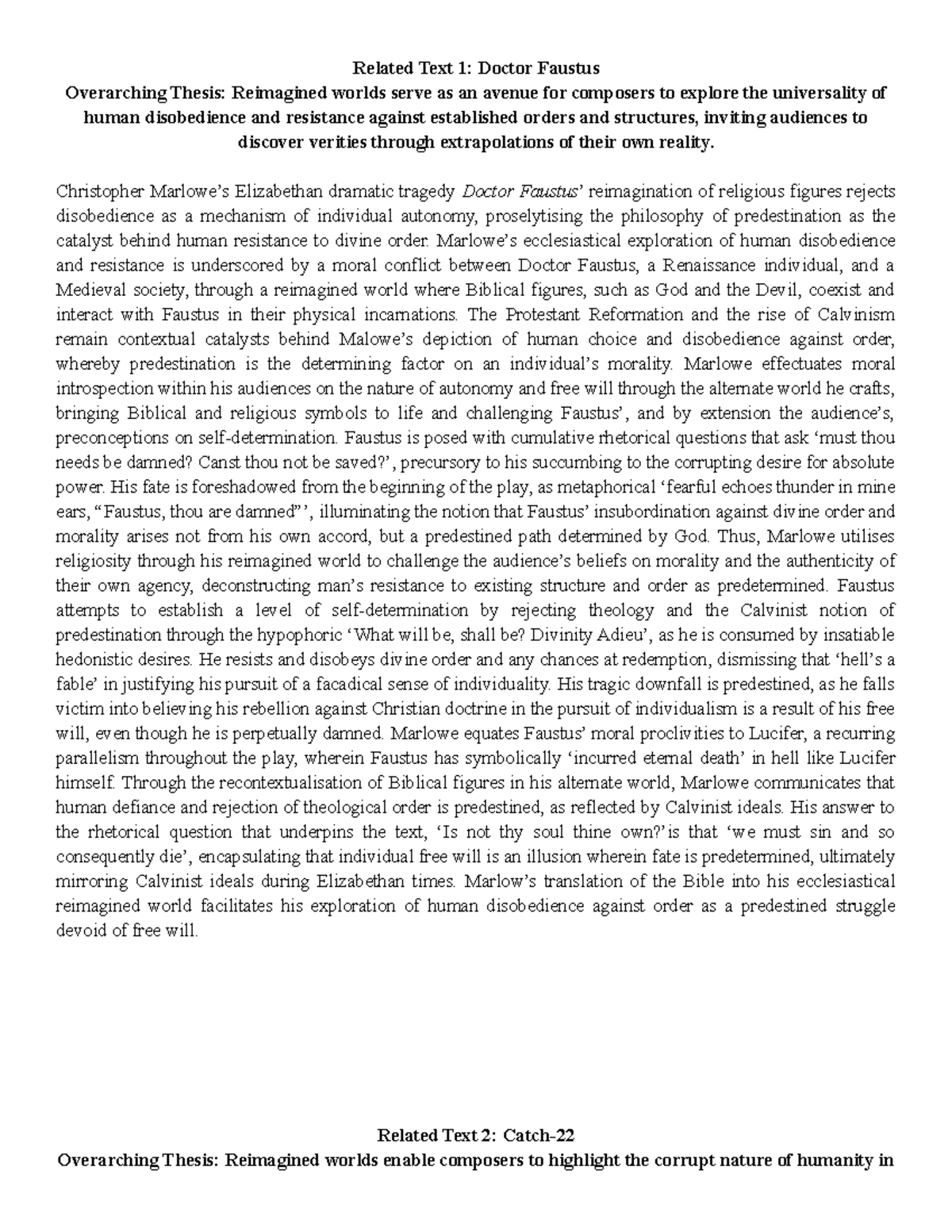 Related Texts Paragraphs - Doctor Faustus and Catch-22 - Related Text 1 ...