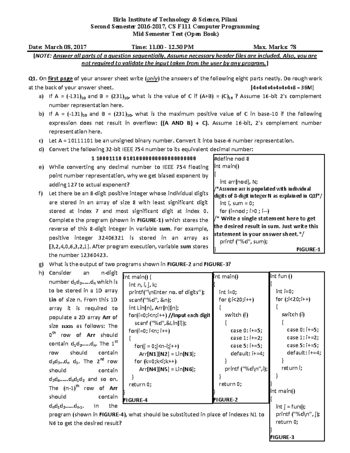 CS F111 1008 T1 2017 2 - ENDSEM - Computer Programming - BITS Pilani - Studocu