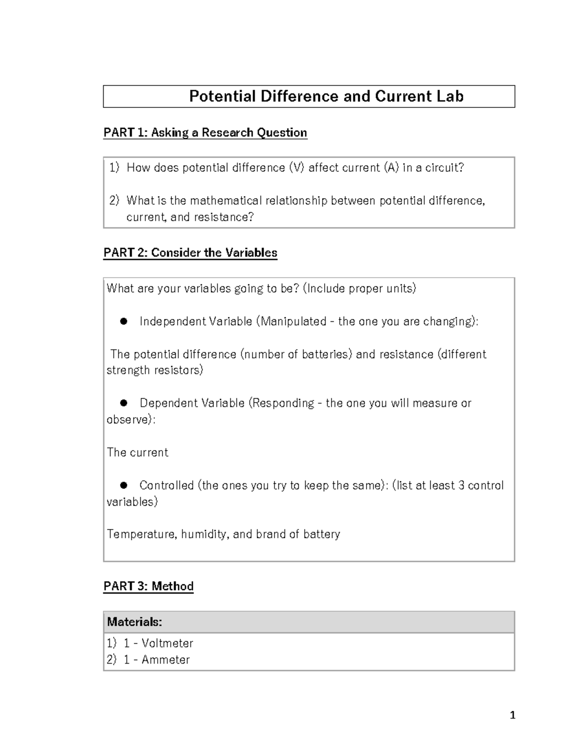 Potential Difference and Current Lab - Using a flat stable surface, begin constructing the - Studocu