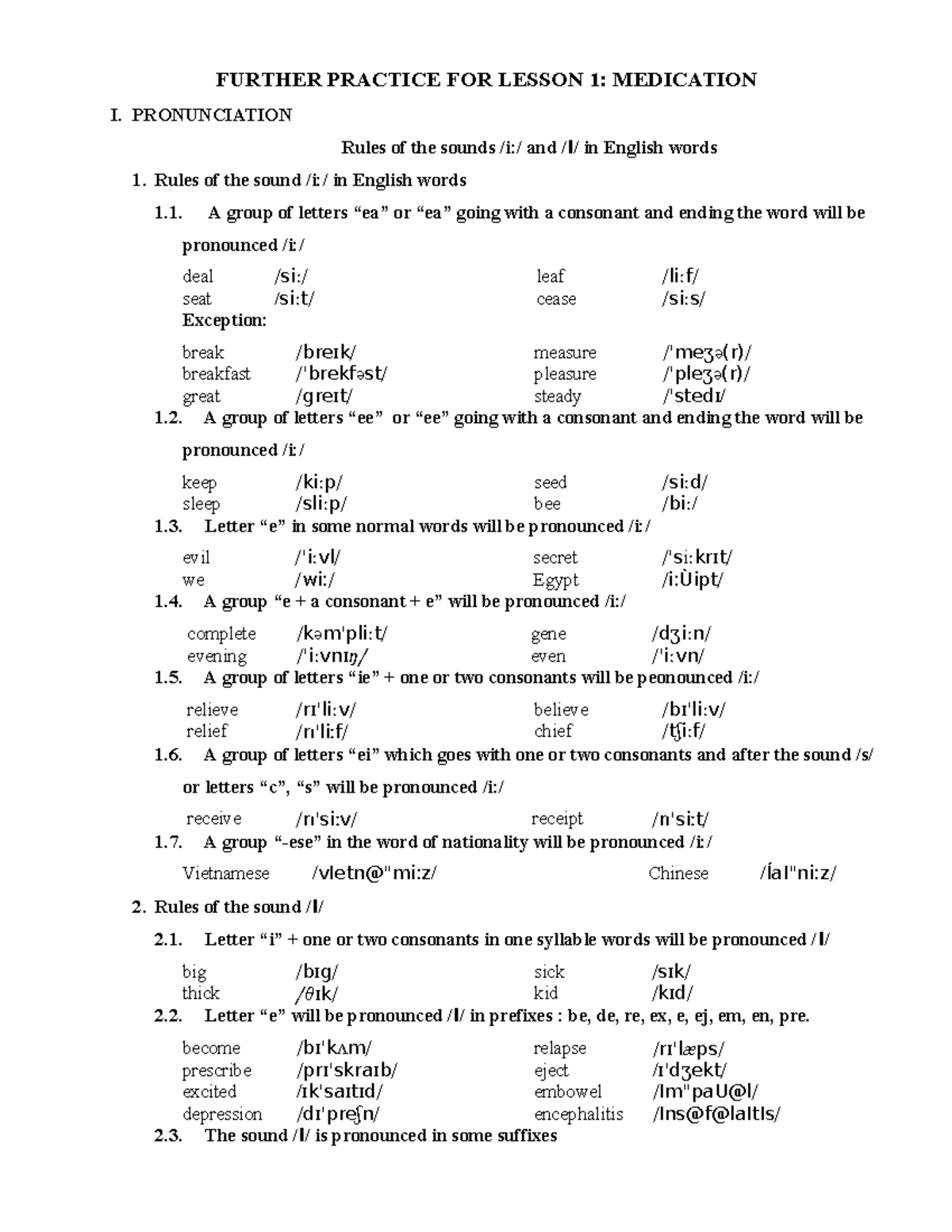 Further Practice FOR Lesson 1 - FURTHER PRACTICE FOR LESSON 1 ...