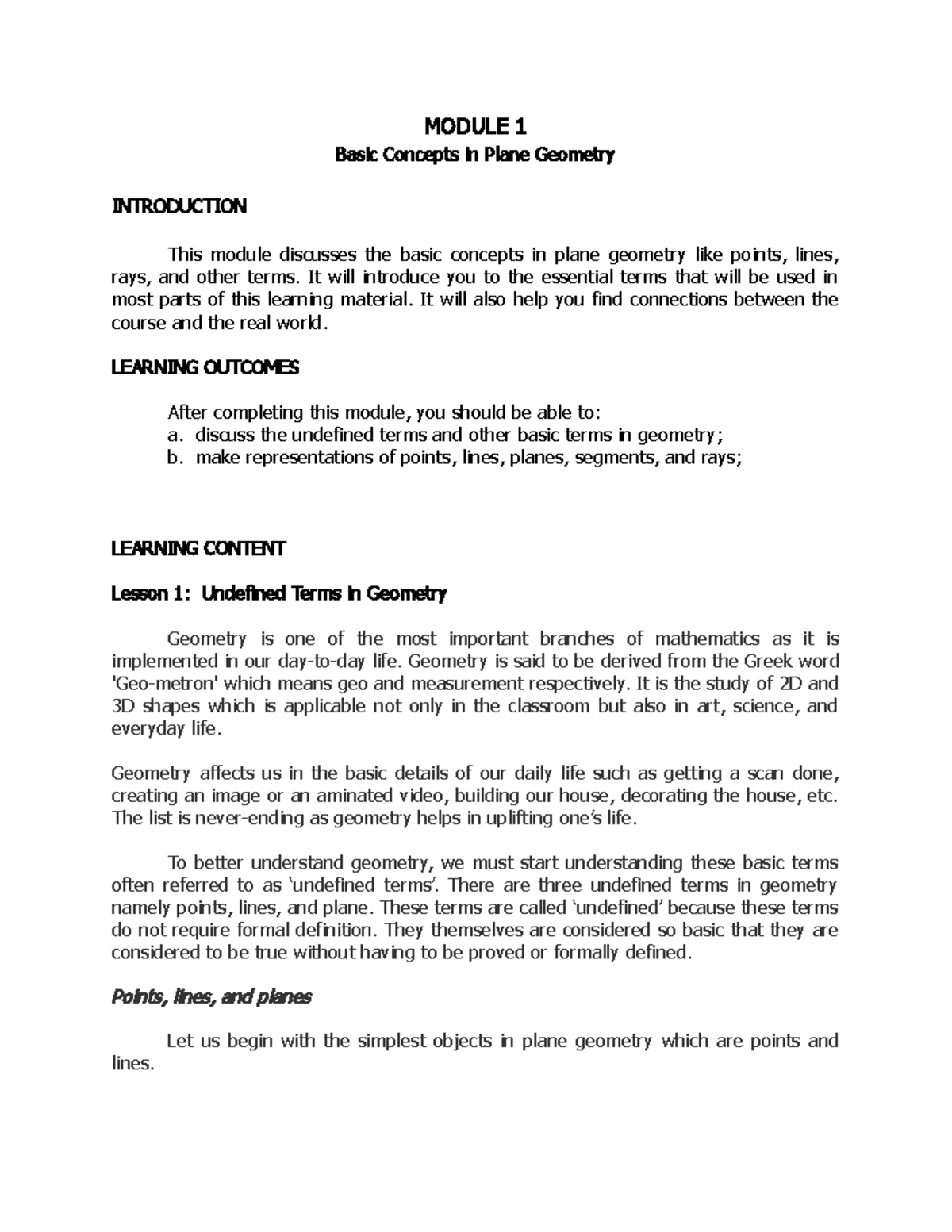 Module Plane and Solid Geometry - MODULE 1 Basic Concepts in Plane ...