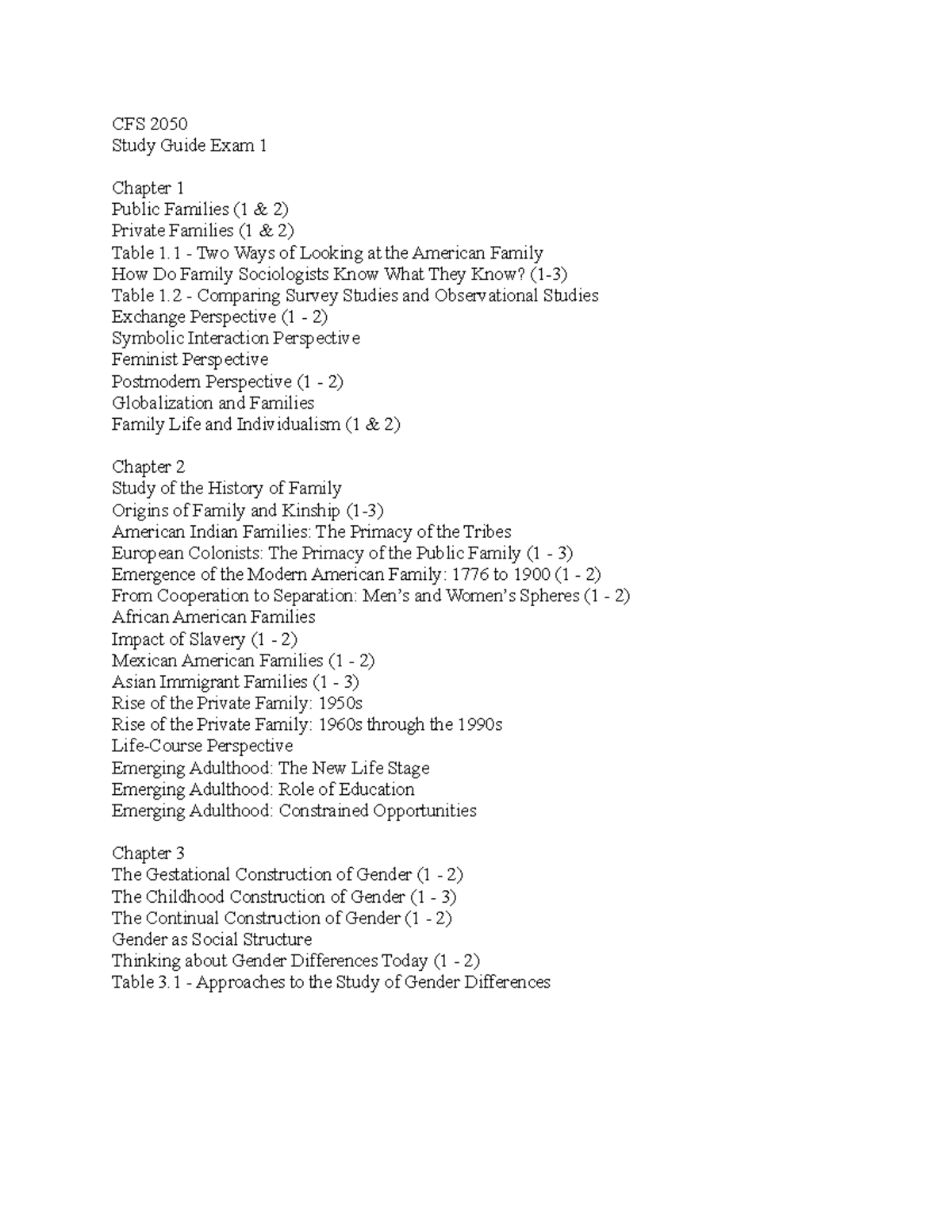 Study Guide Exam 1 - Topics to be covered on Exam 1 - CFS 2050 Study ...