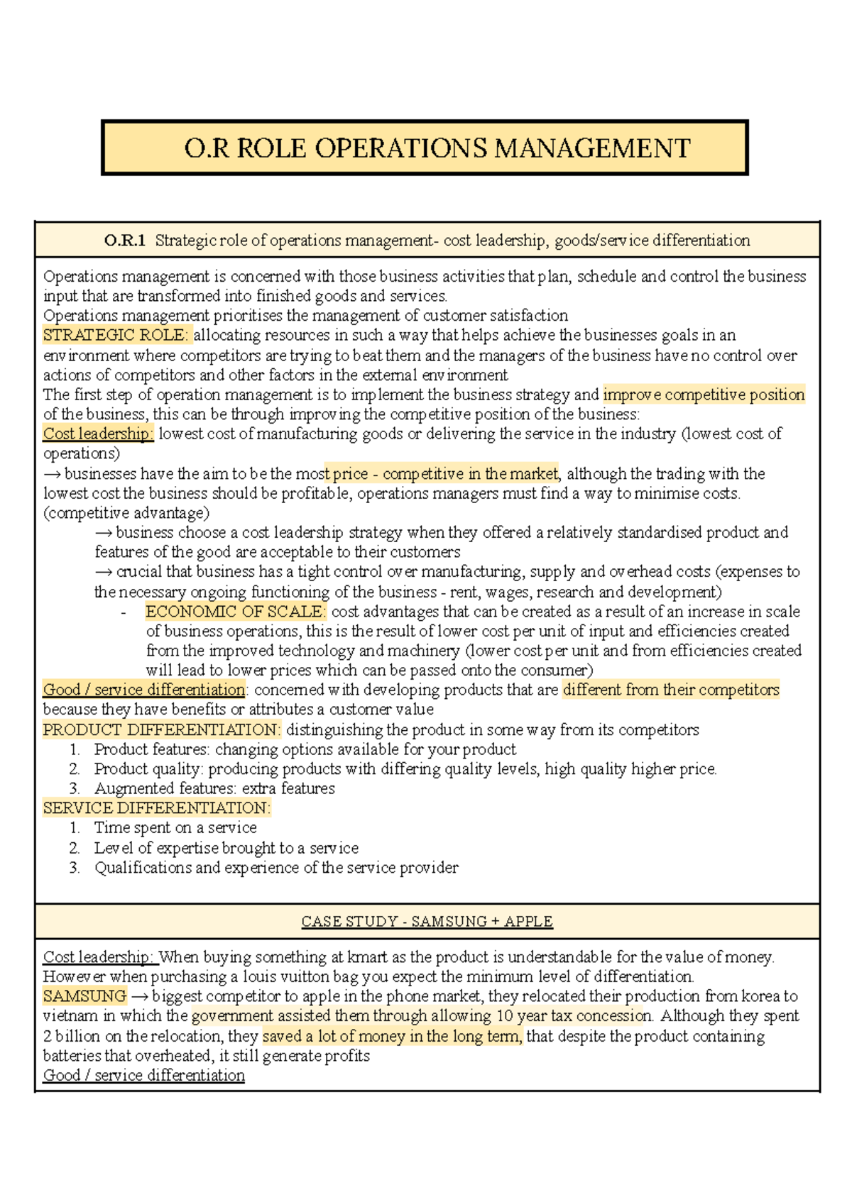 BUS HSC Topic 1 - Operations Management Strategies - O ROLE OPERATIONS ...
