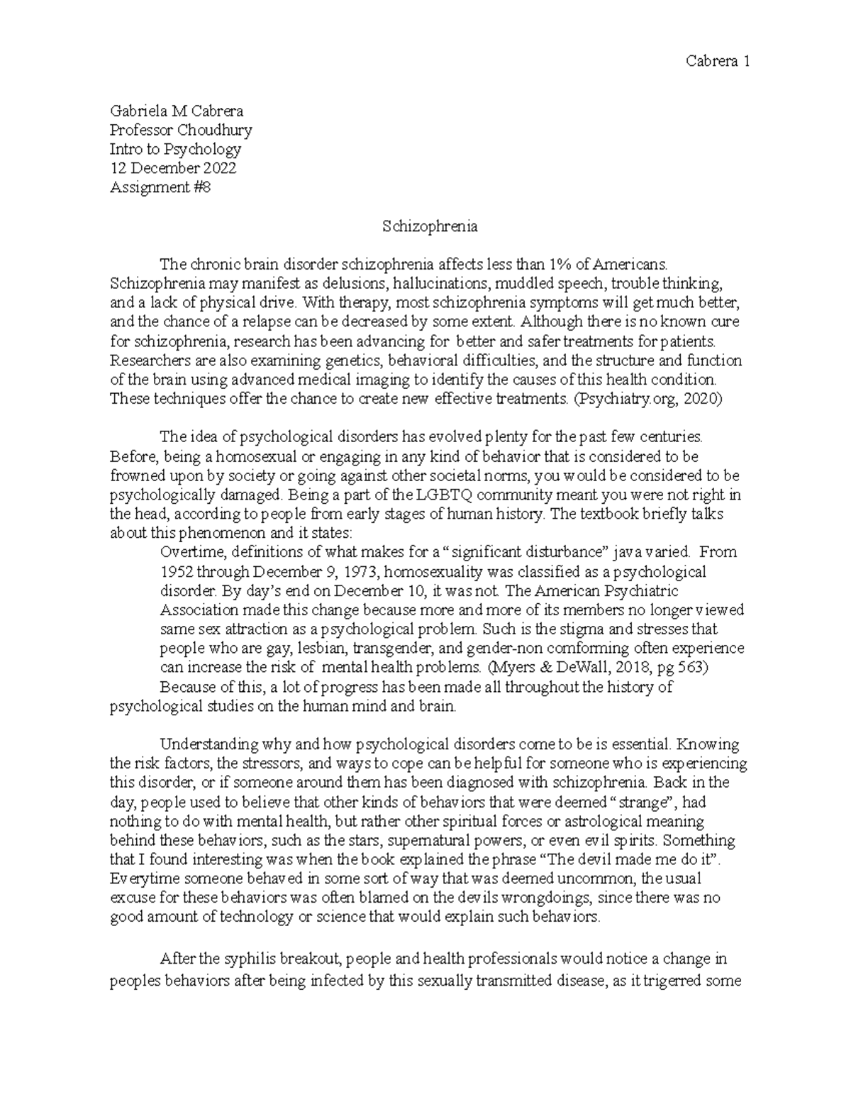 Schizophrenia paper - intro to psych with professor Choudhury - Cabrera ...