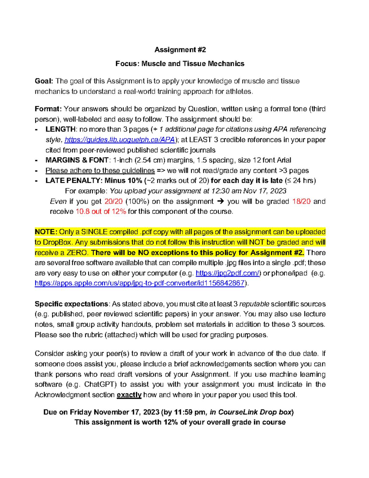 F23 Assignment #2 Final - Assignment # 2 Focus: Muscle and Tissue Mechanics Goal: The goal of ...