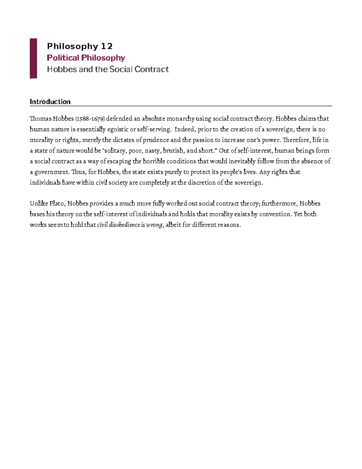 (3) Hobbes & the Social Contract - Philosophy 12 Political Philosophy ...