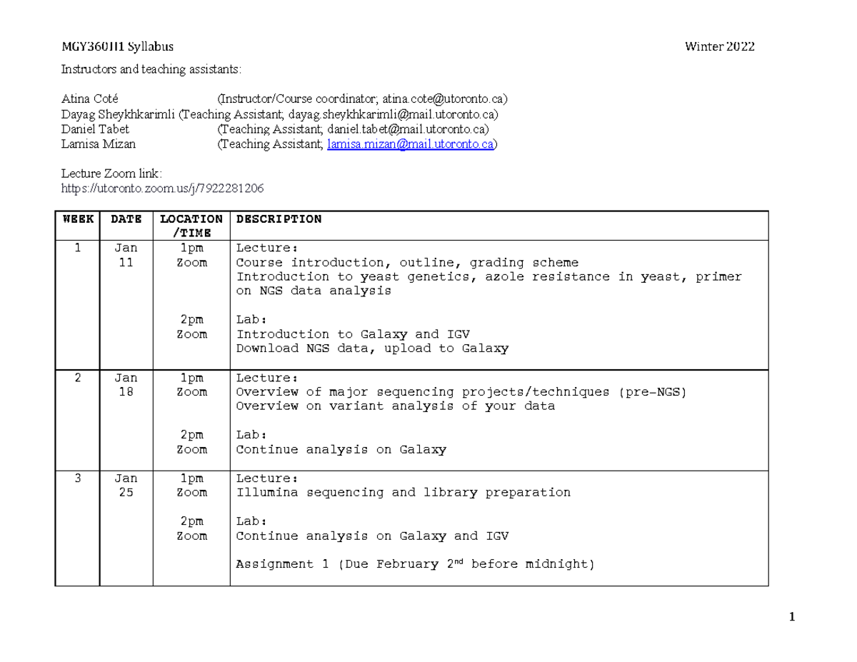 MGY360H1 2022 Syllabus-1 - Instructors and teaching assistants: Atina ...