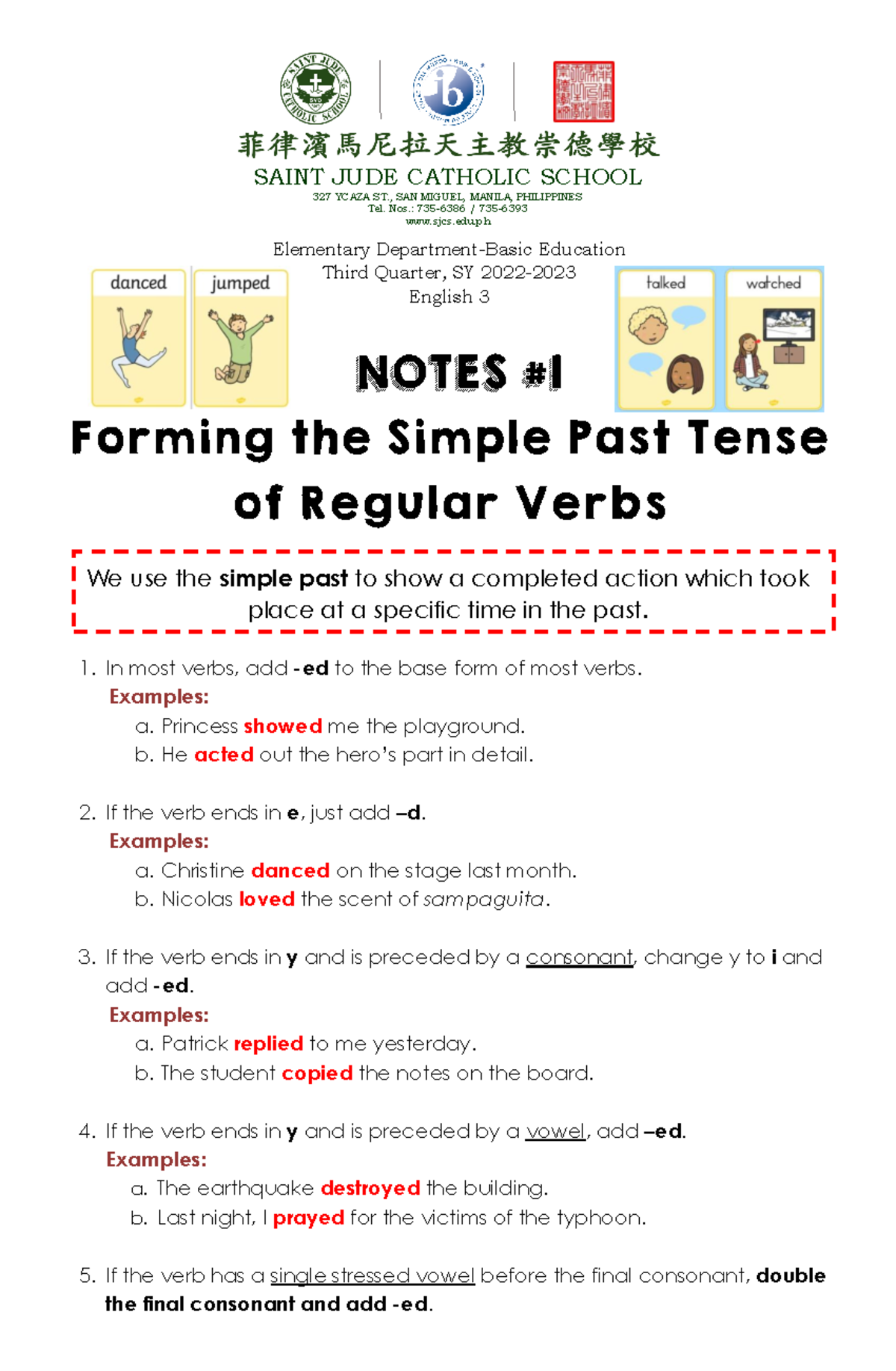 Notes on Forming the Simple Past Tense of Verbs - SAINT JUDE CATHOLIC ...