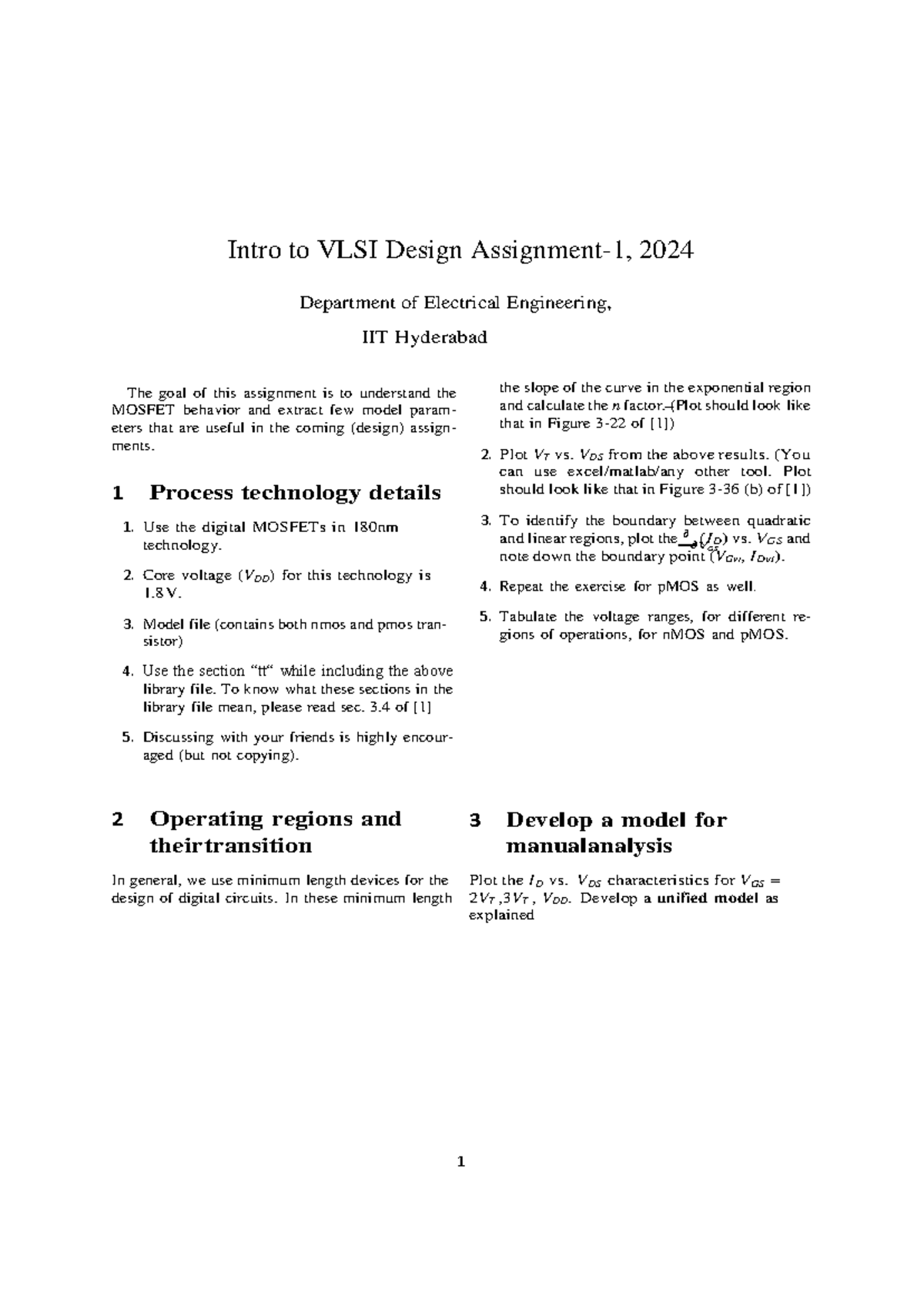Assignment - Inverter design - 1 − ∂VGS Intro to VLSI Design Assignment ...