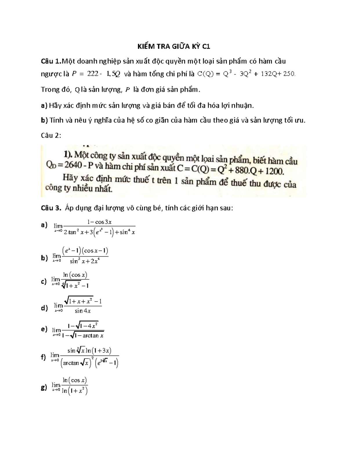 KIỂM TRA GIỮA KỲ C1 - Math - KIỂM TRA GIỮA KỲ C Câu 1ột doanh nghiệp ...
