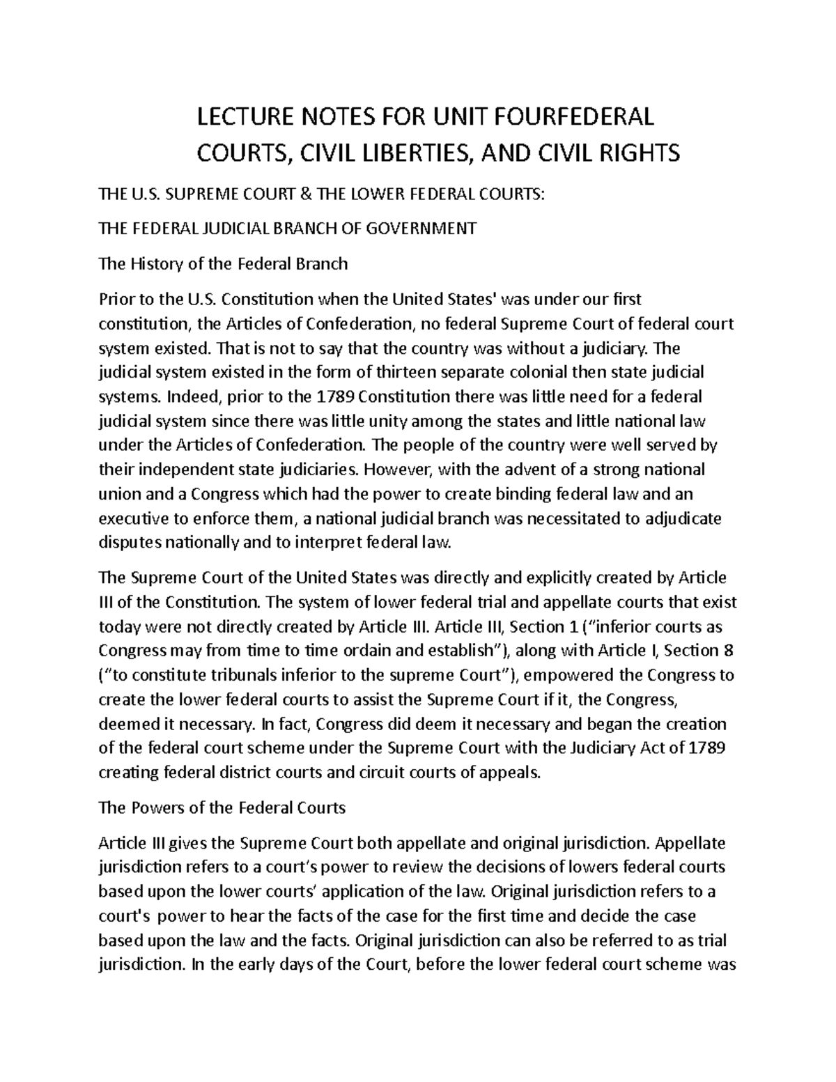 Document 41 - LECTURE NOTES FOR UNIT FOURFEDERAL COURTS, CIVIL ...