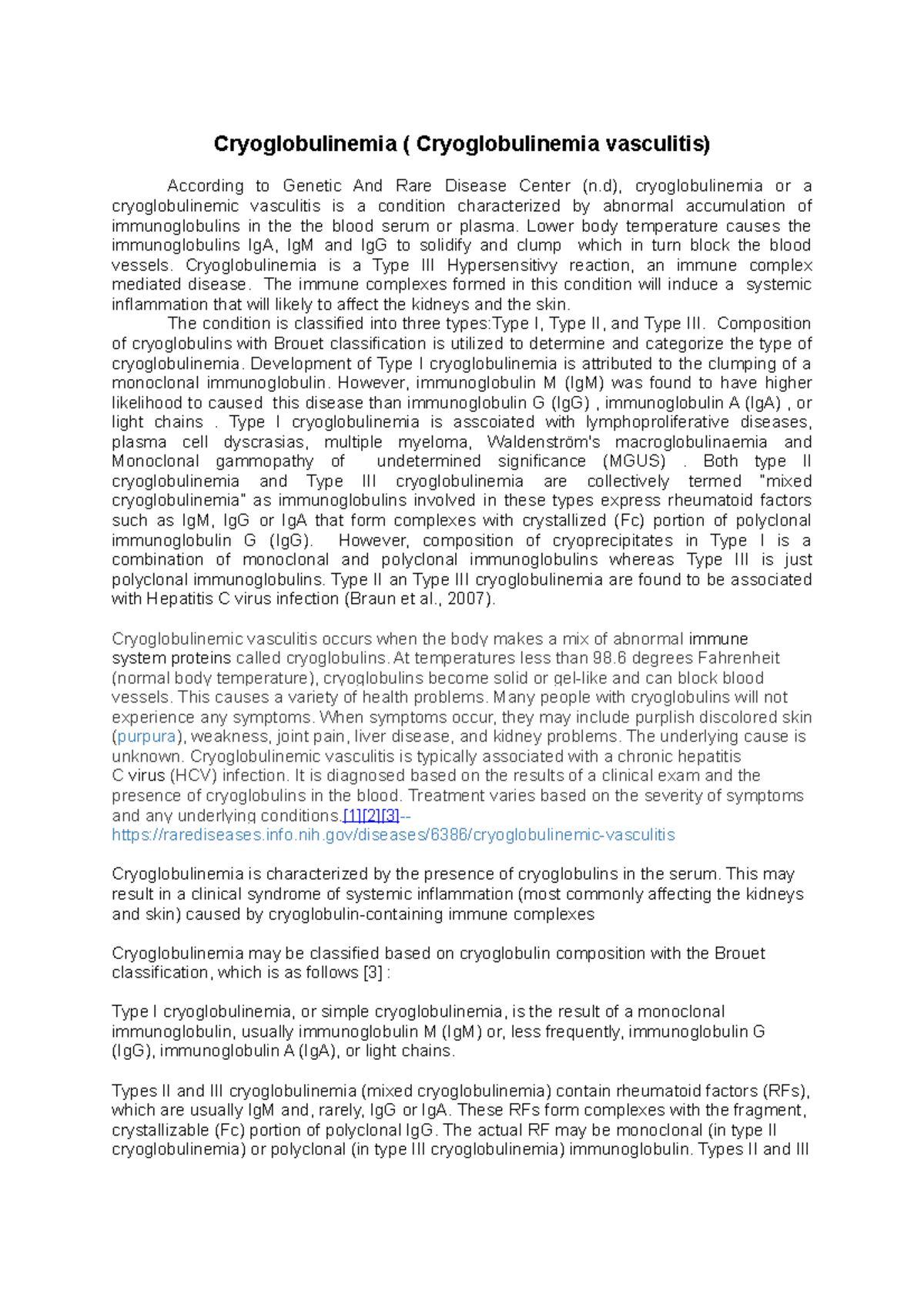 Cryoglobulinemia - Immunology Essay - Cryoglobulinemia ...