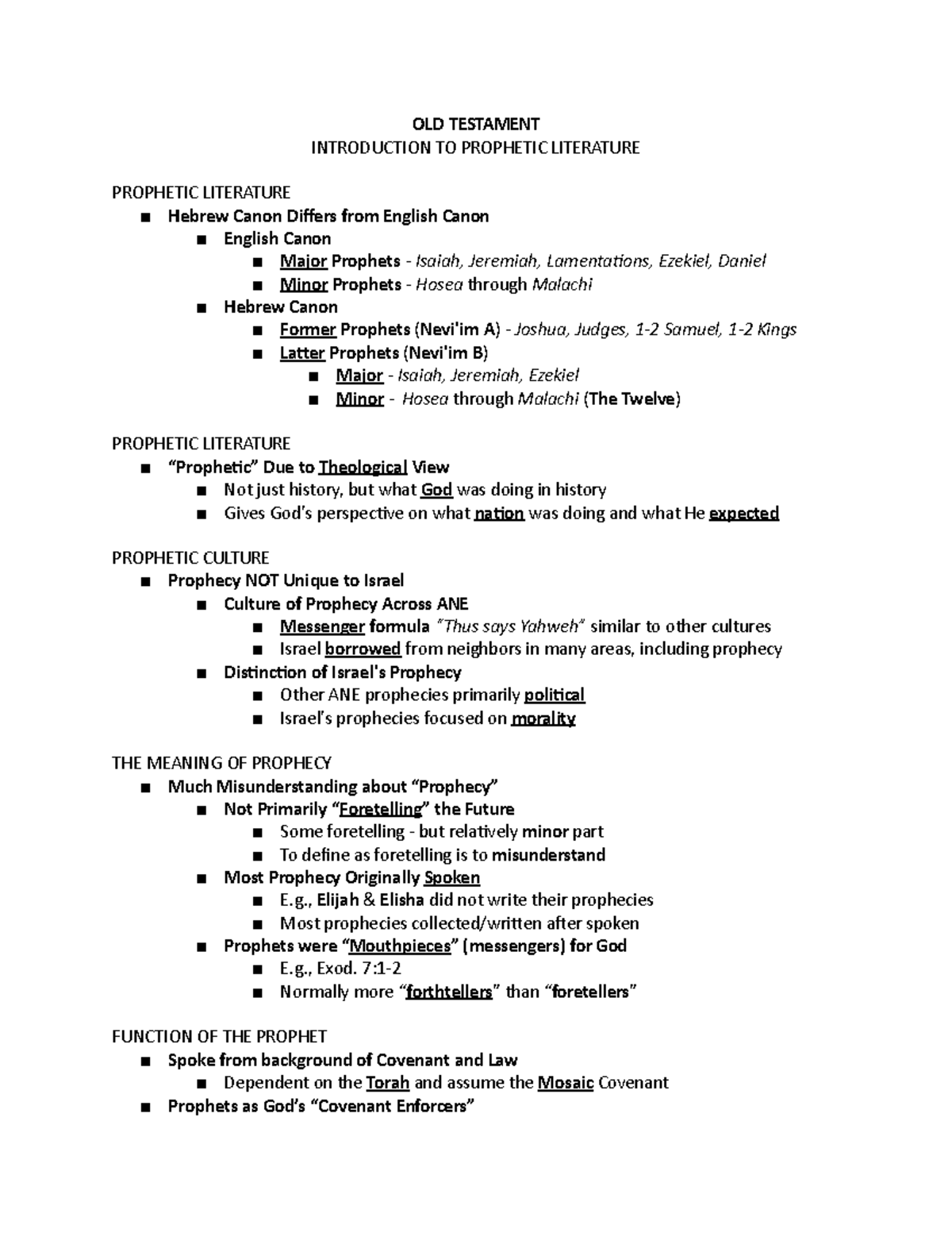 BIB- 9 Into to Prophets and Deut Notes - PROPHETIC LITERATURE OLD ...
