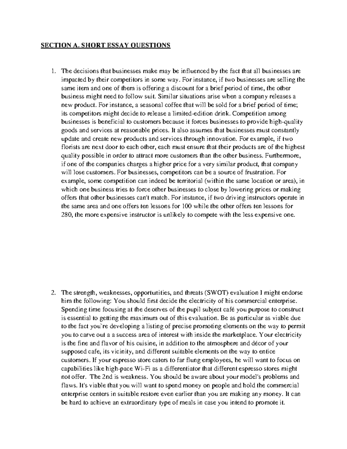 Section A Enterprenuership Tutorial Work SECTION A SHORT ESSAY