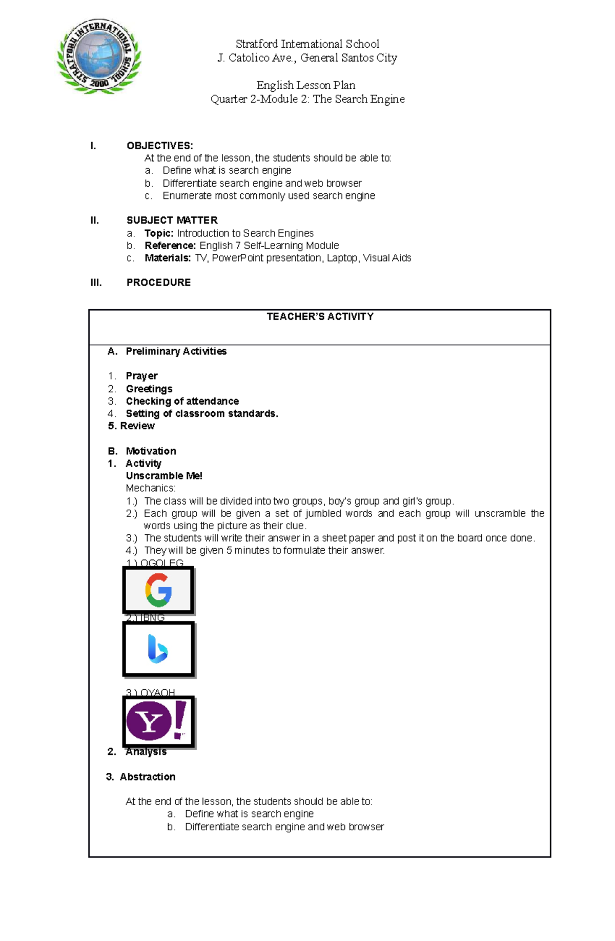 Lesson plan for search engine - Stratford International School J ...