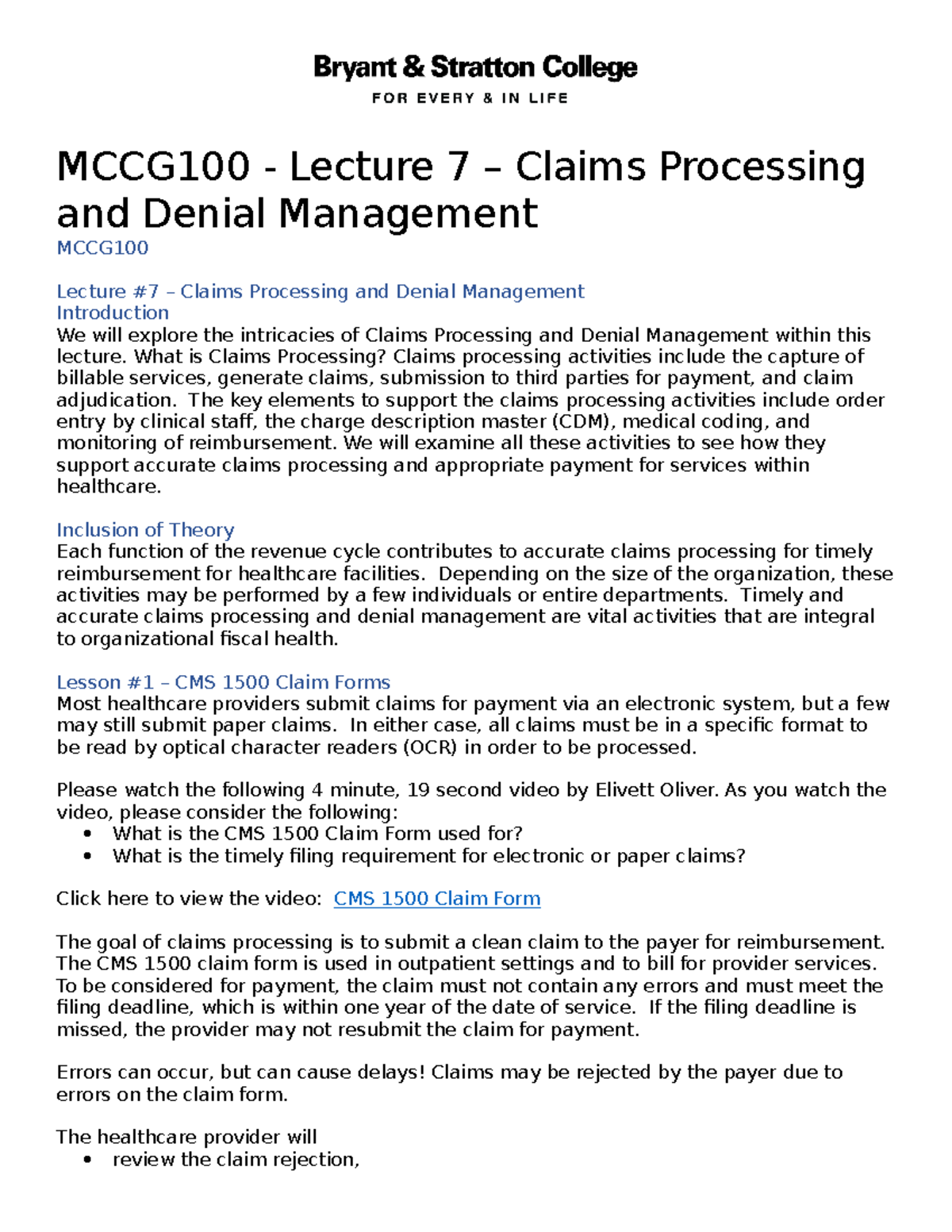 MCCG100 - Lecture 7 - Claims Processing and Denial Management - MCCG100 ...