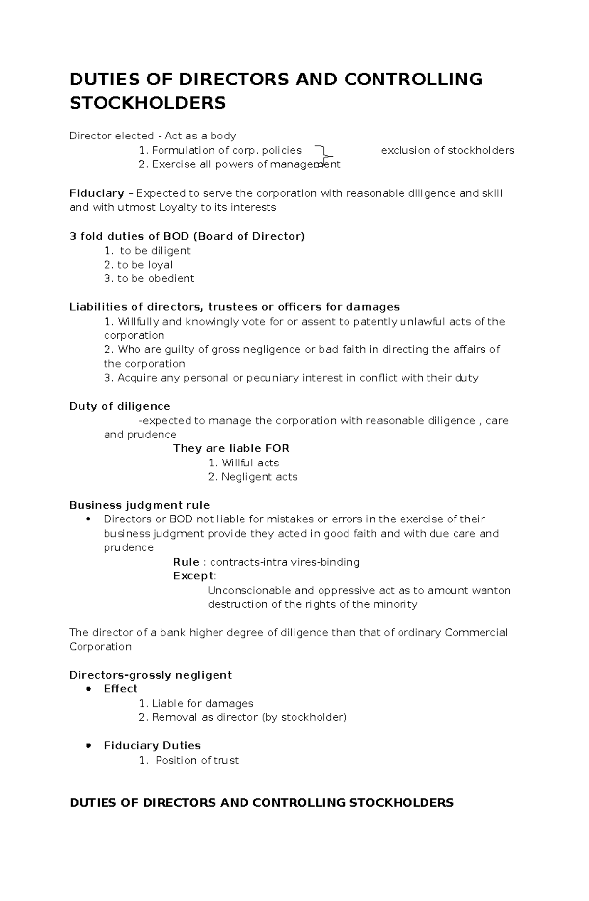 Duties OF Directors NAD Controlling Stockholders - DUTIES OF DIRECTORS ...