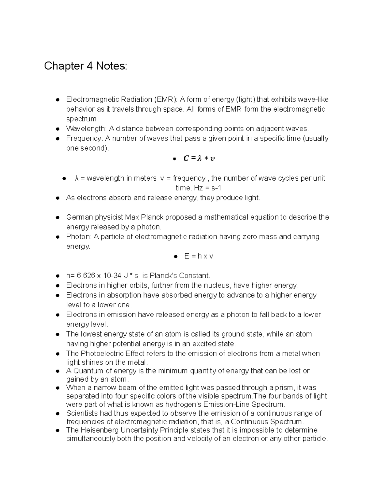 Chemistry Chapter 4 Notes - Chapter 4 Notes: Electromagnetic Radiation ...