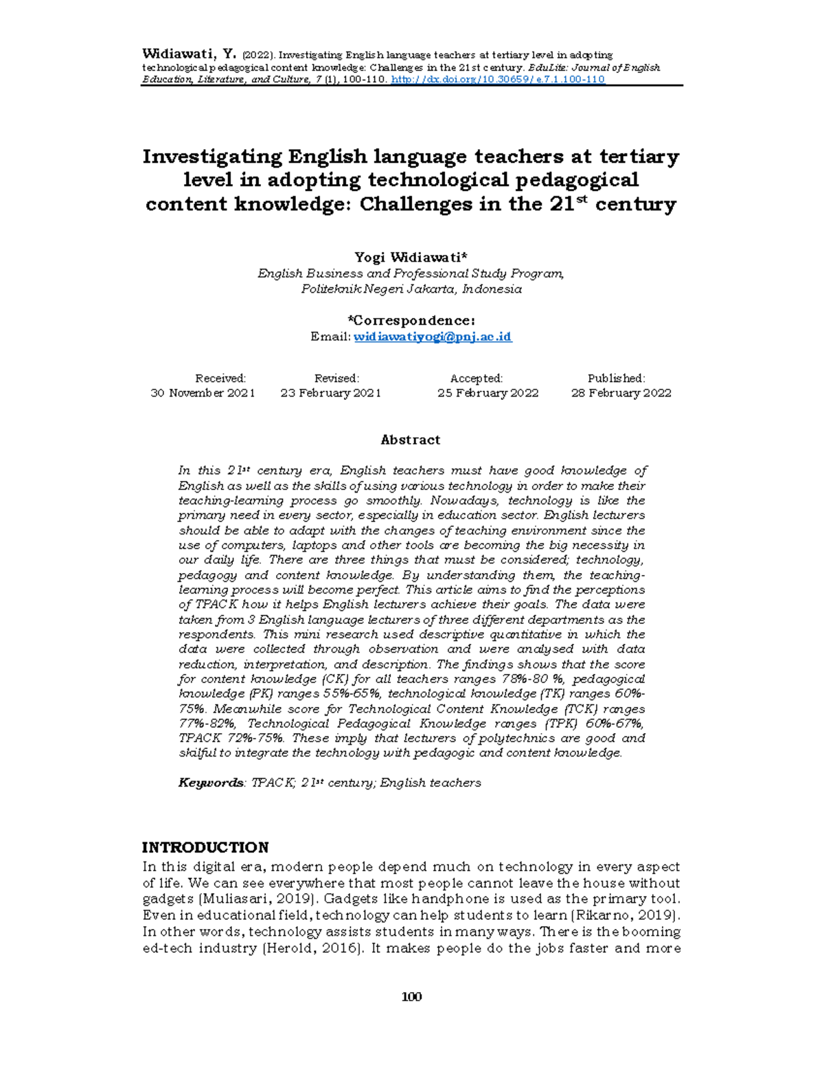 Investigating English language teachers at tertiary level in adopting ...