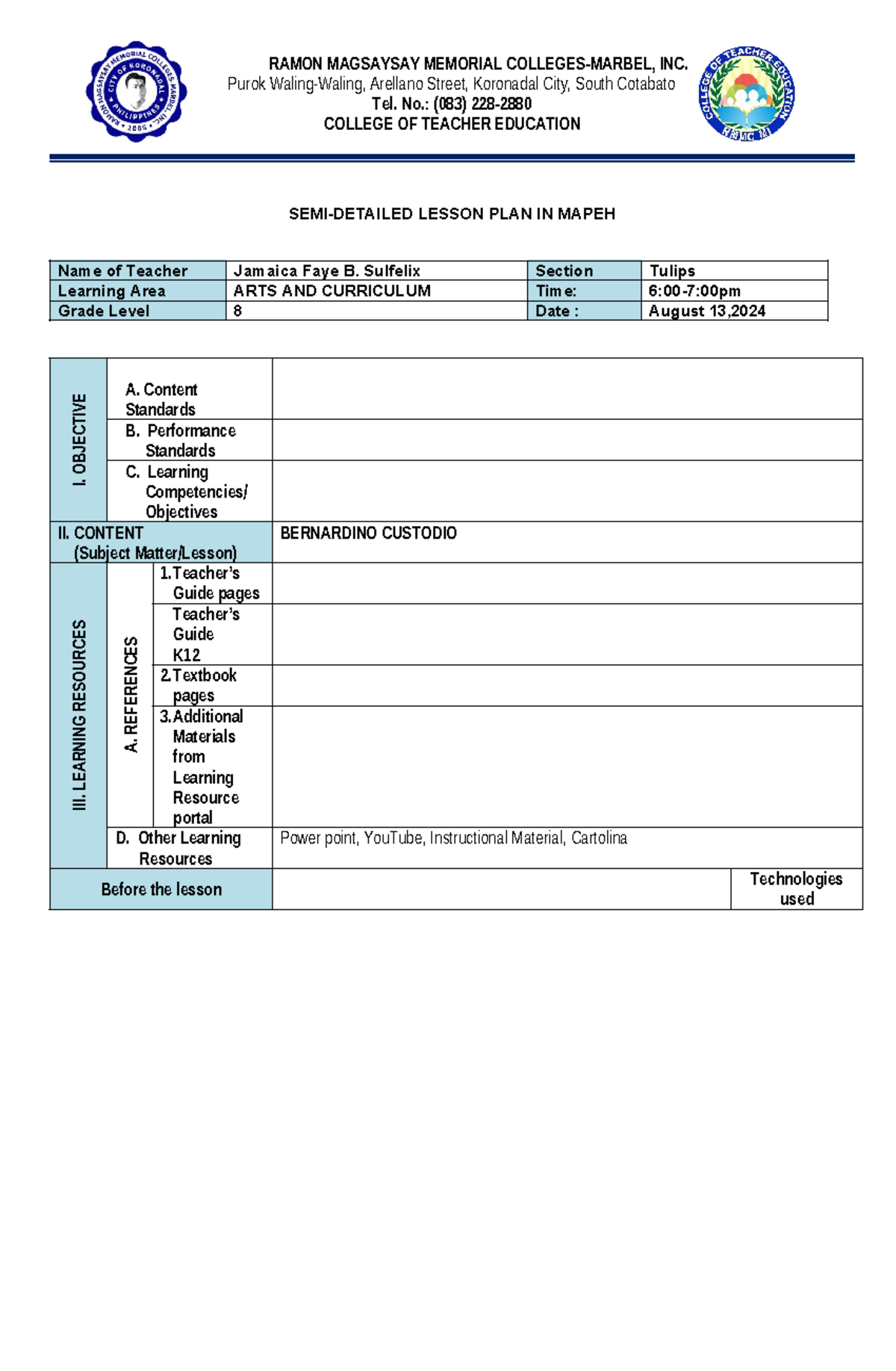Jamaica Digital Lesson PLAN - Purok Waling-Waling, Arellano Street ...