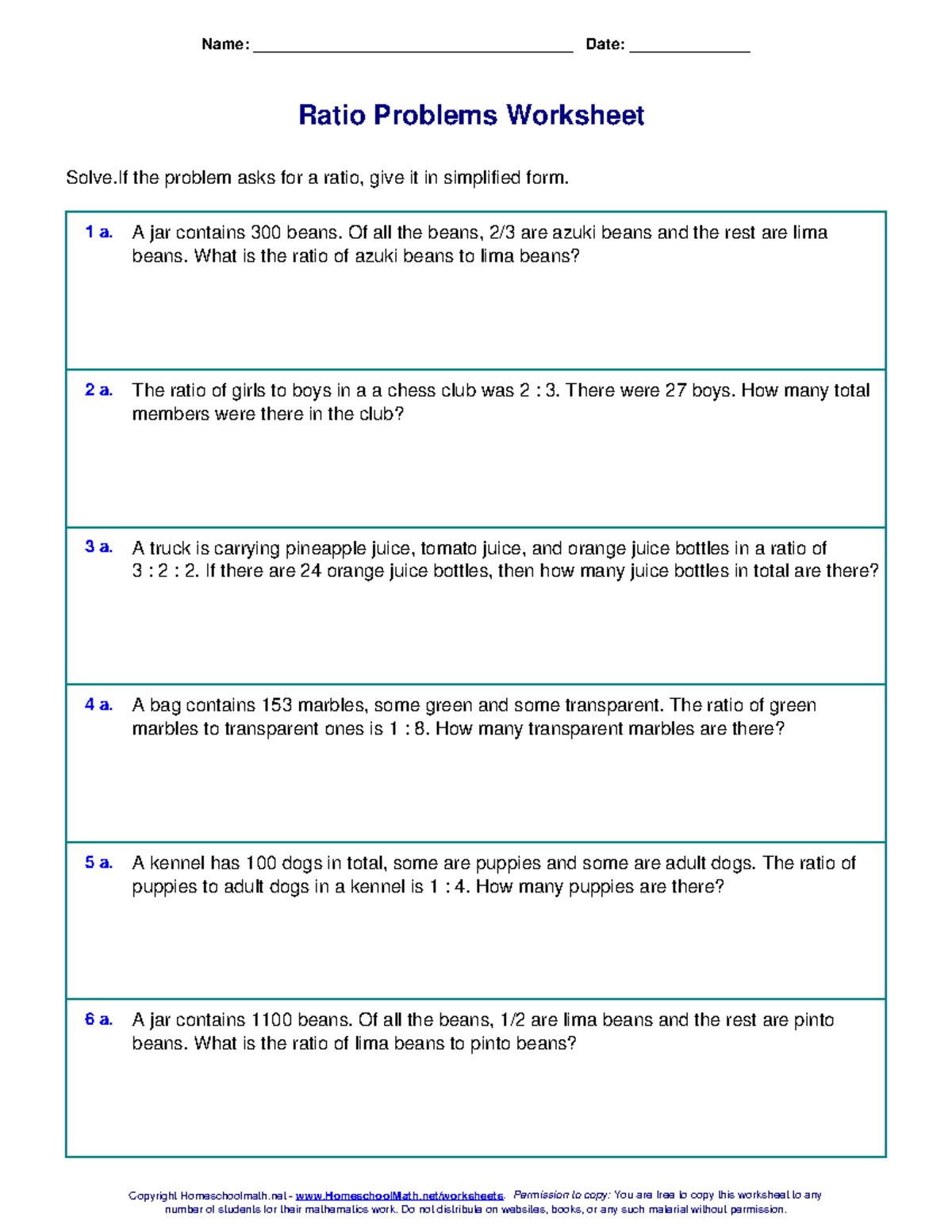 Grade 6 Ratios Worksheet - Name ...
