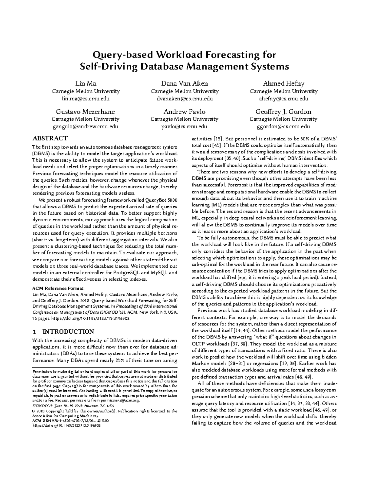 Forecasting-sigmod 18 - Query-based Workload Forecasting for Self-Driving Database Management ...