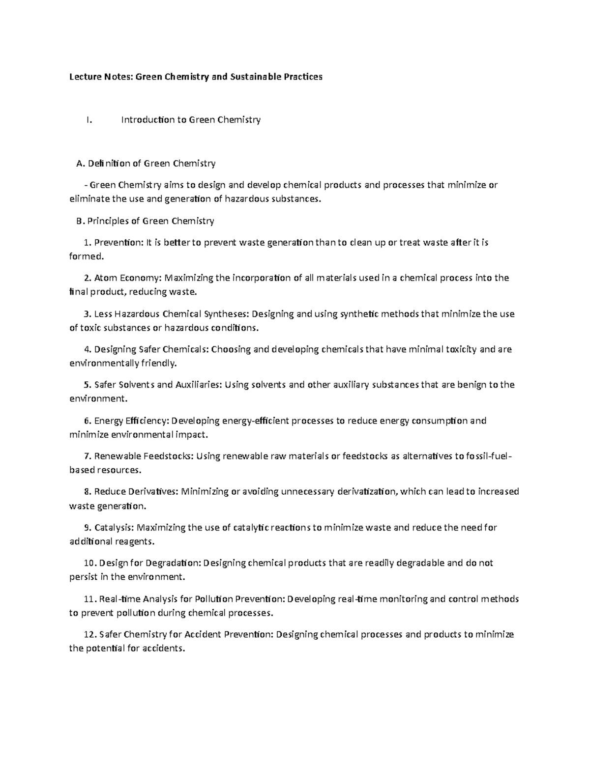Lecture Notes: Green Chemistry and Sustainable Practices - Introduction ...