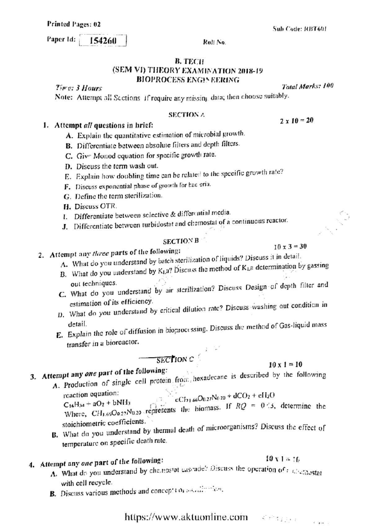 Btech bt 6 sem bioprocess engineering rbt601 2019 - Printed Pages: 02 Sub Code: RBT601 Paper Id ...